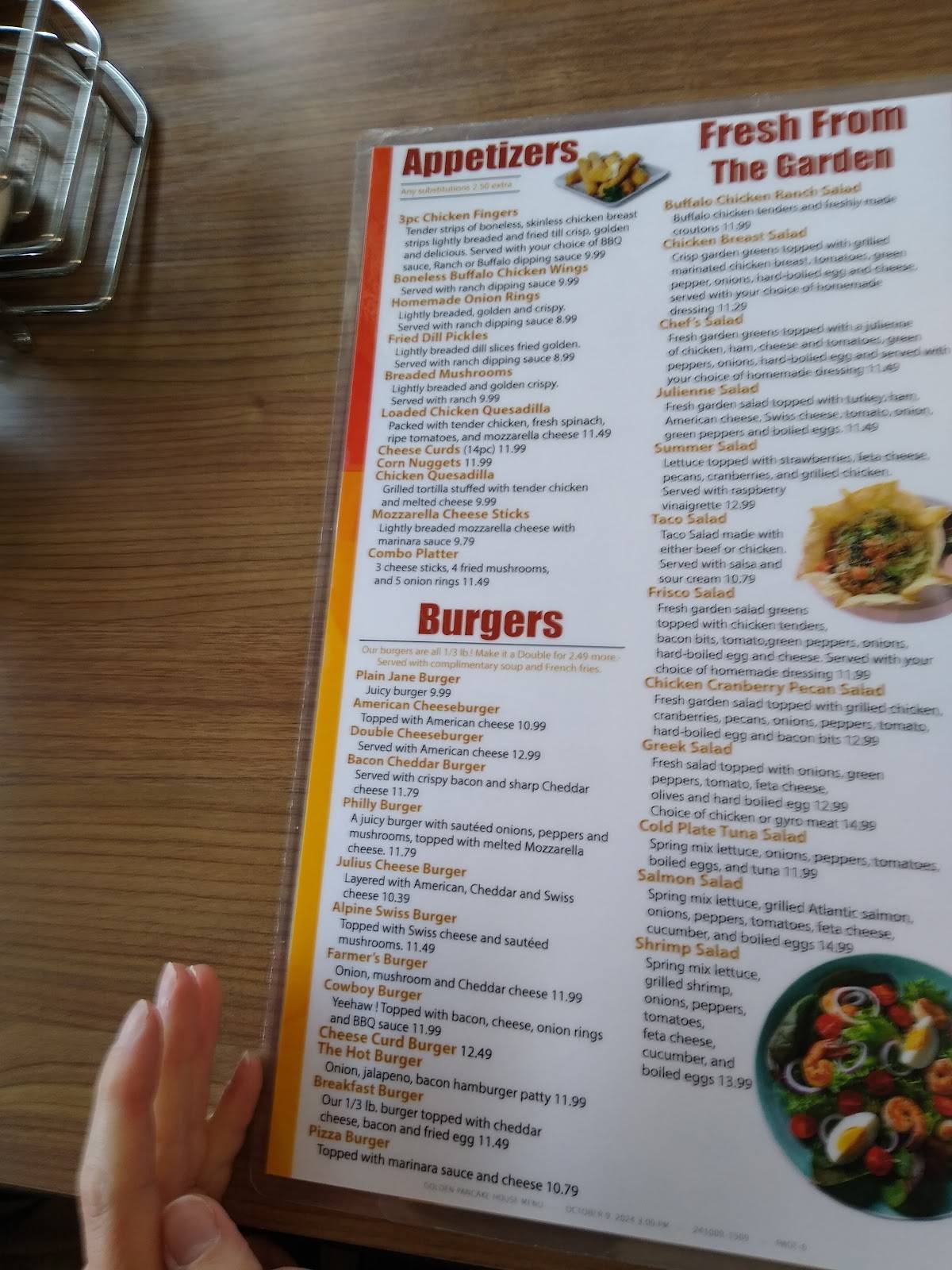 Menu at The Golden Pancake House restaurant, Centralia