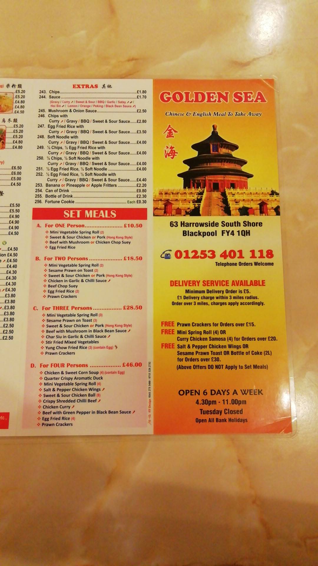 Menu at The Golden Sea fast food, Blackpool