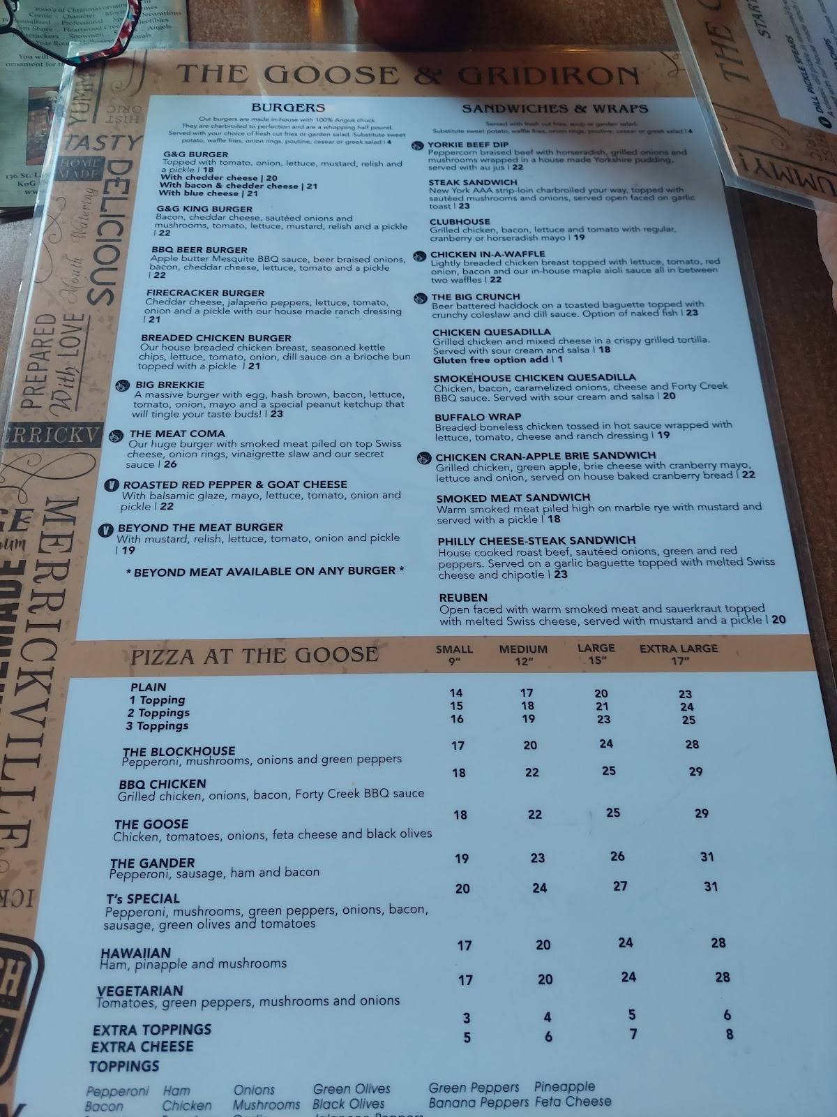Menu at The Goose & Gridiron pub & bar, Merrickville-Wolford