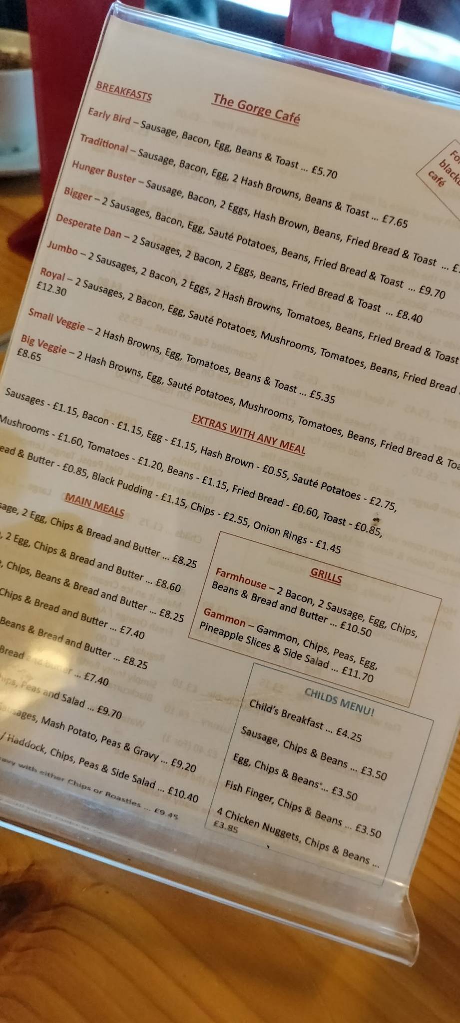 Menu at The Gorge Cafe, Blandford Forum