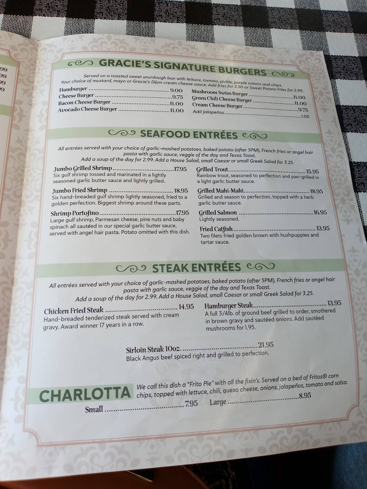 Menu at The Grace Miller, "Gracie's" desserts, Bastrop