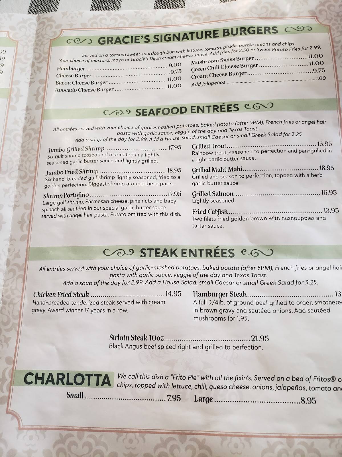 Menu at The Grace Miller, "Gracie's" desserts, Bastrop