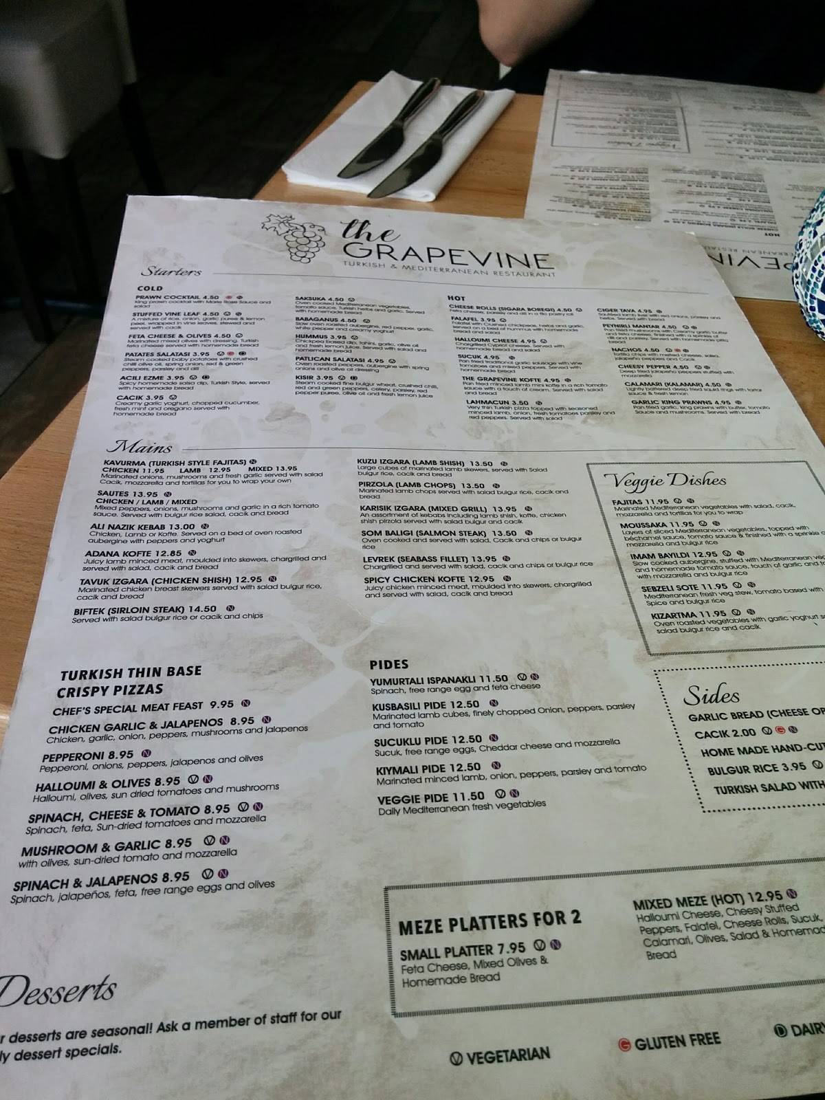 Menu at The Grapevine Turkish Restaurant, Letchworth Garden City