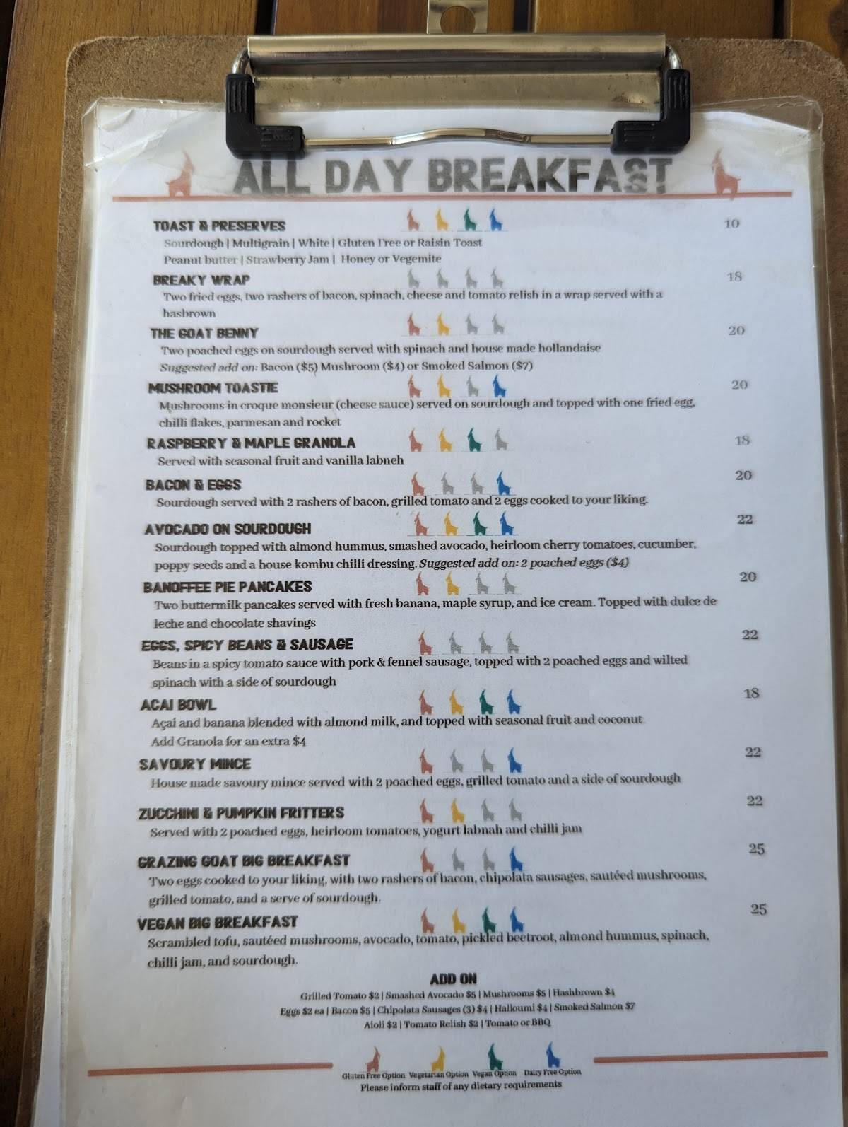 Menu at The Grazing Goat Cafe, Mackay