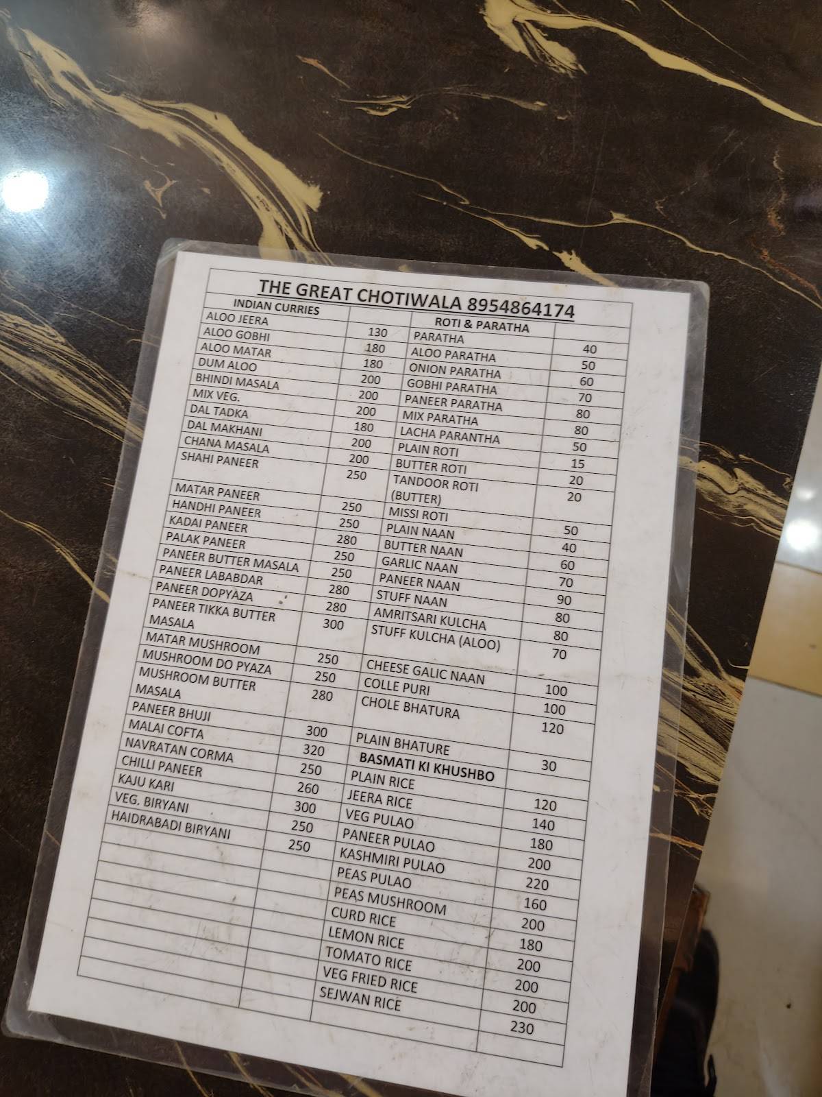 Menu at The Great Chotiwala, Haridwar, Shiv Murti Chowk