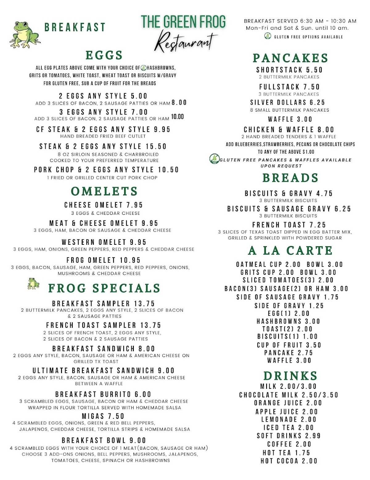 Menu at The Green Frog Restaurant, Jacksboro