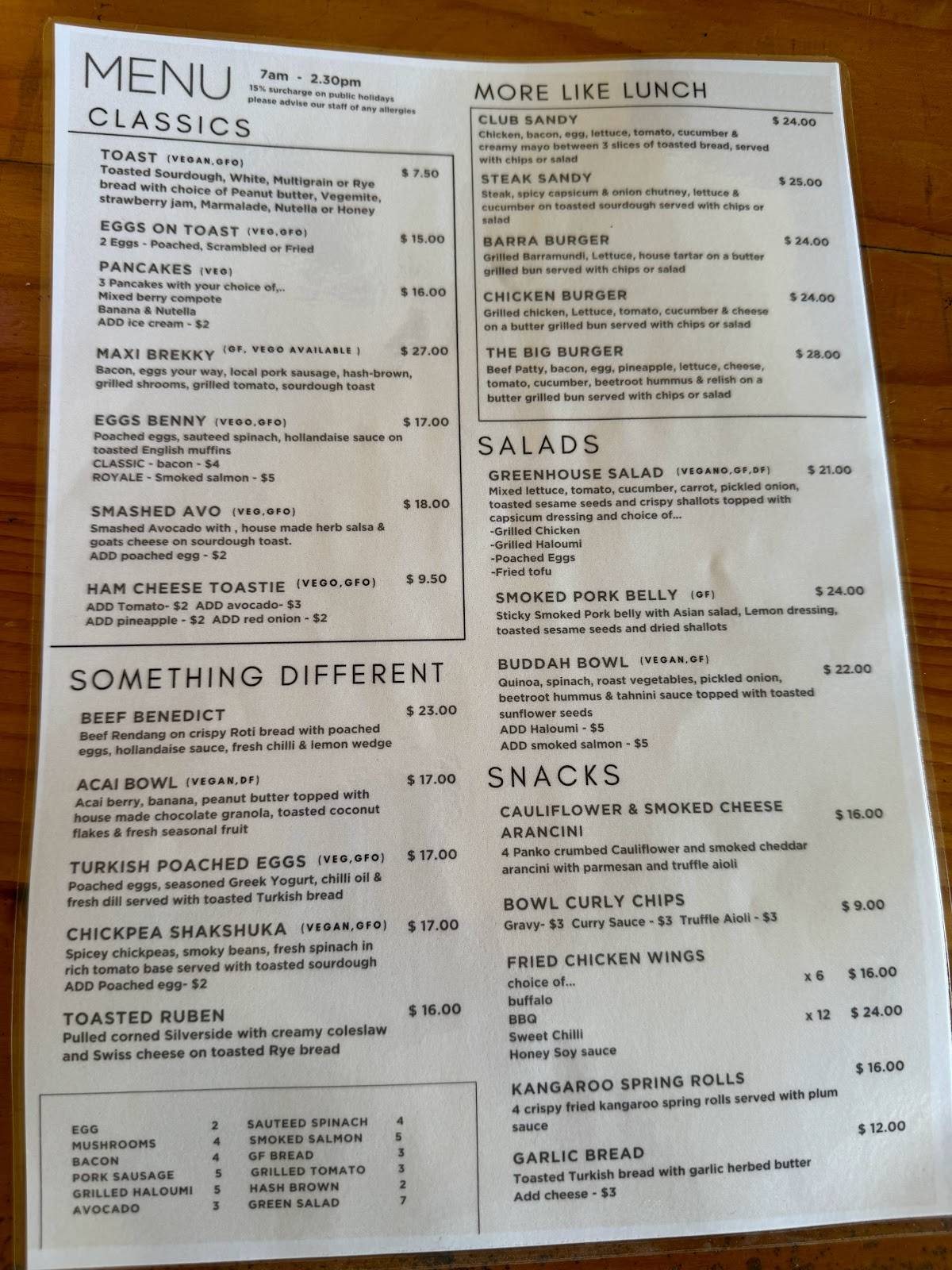 Menu at The Greenhouse cafe, Nightcliff