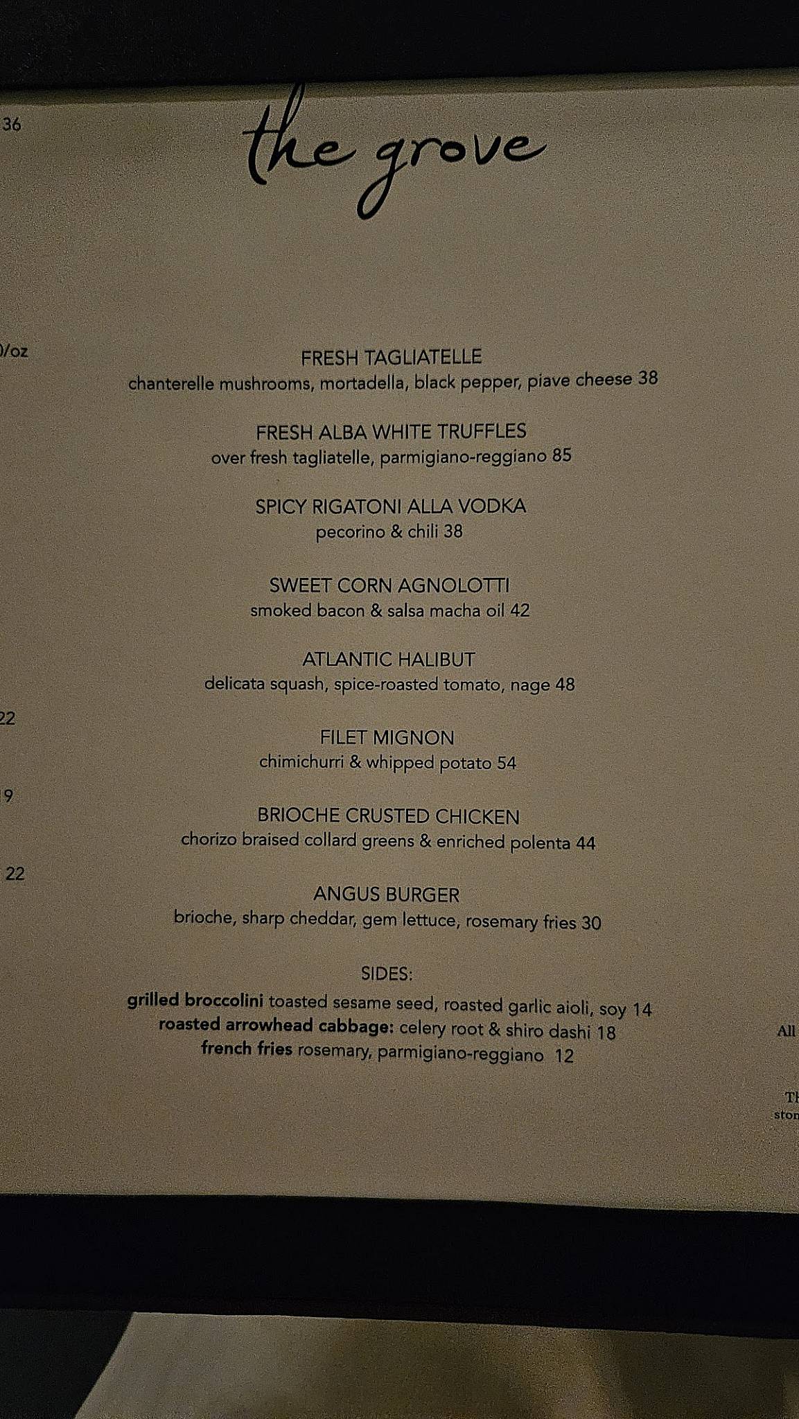 Menu at The Grove restaurant, Delray Beach