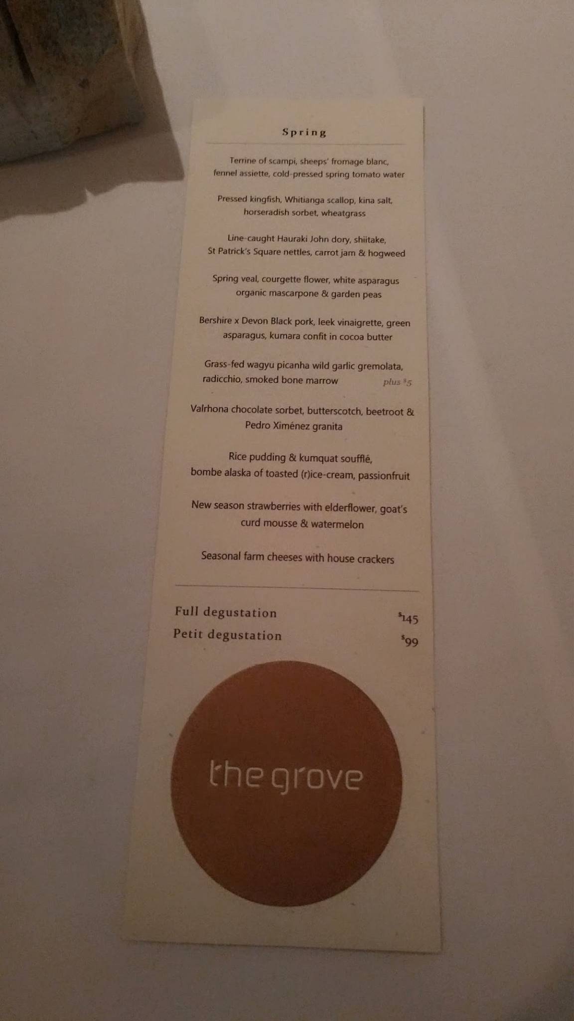 Menu at The Grove Restaurant, Auckland