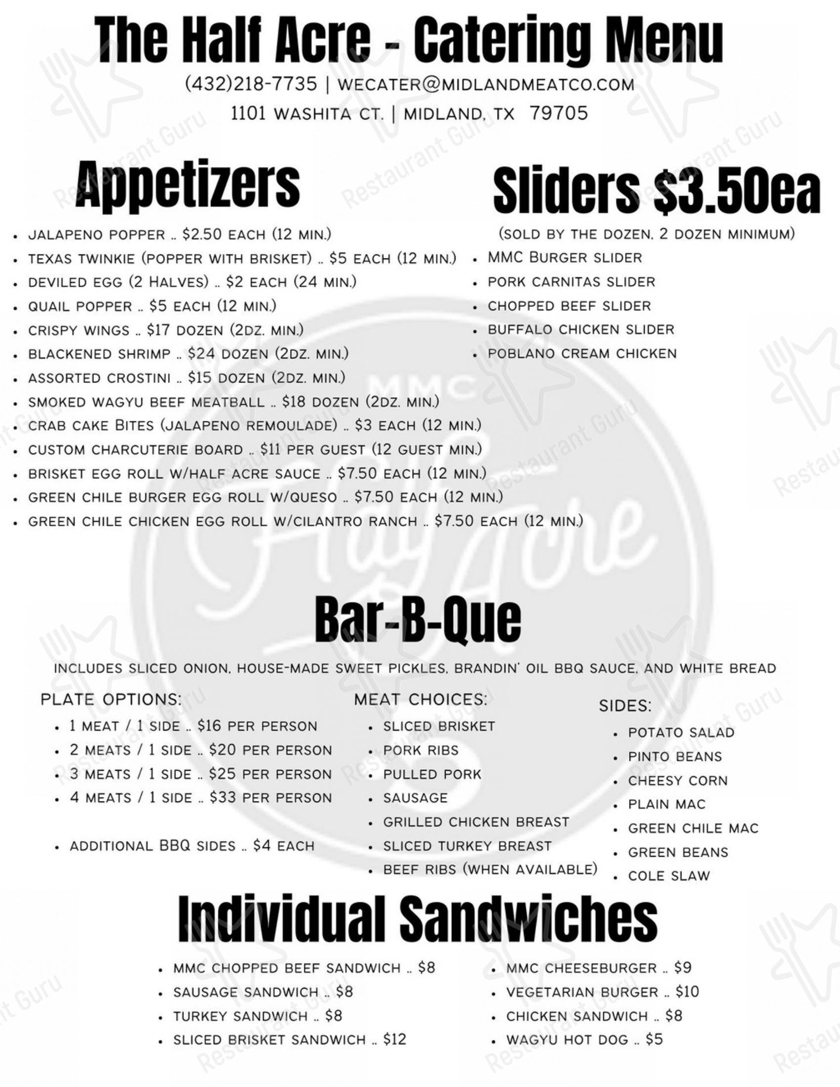 Menu at The Half Acre BBQ, Midland