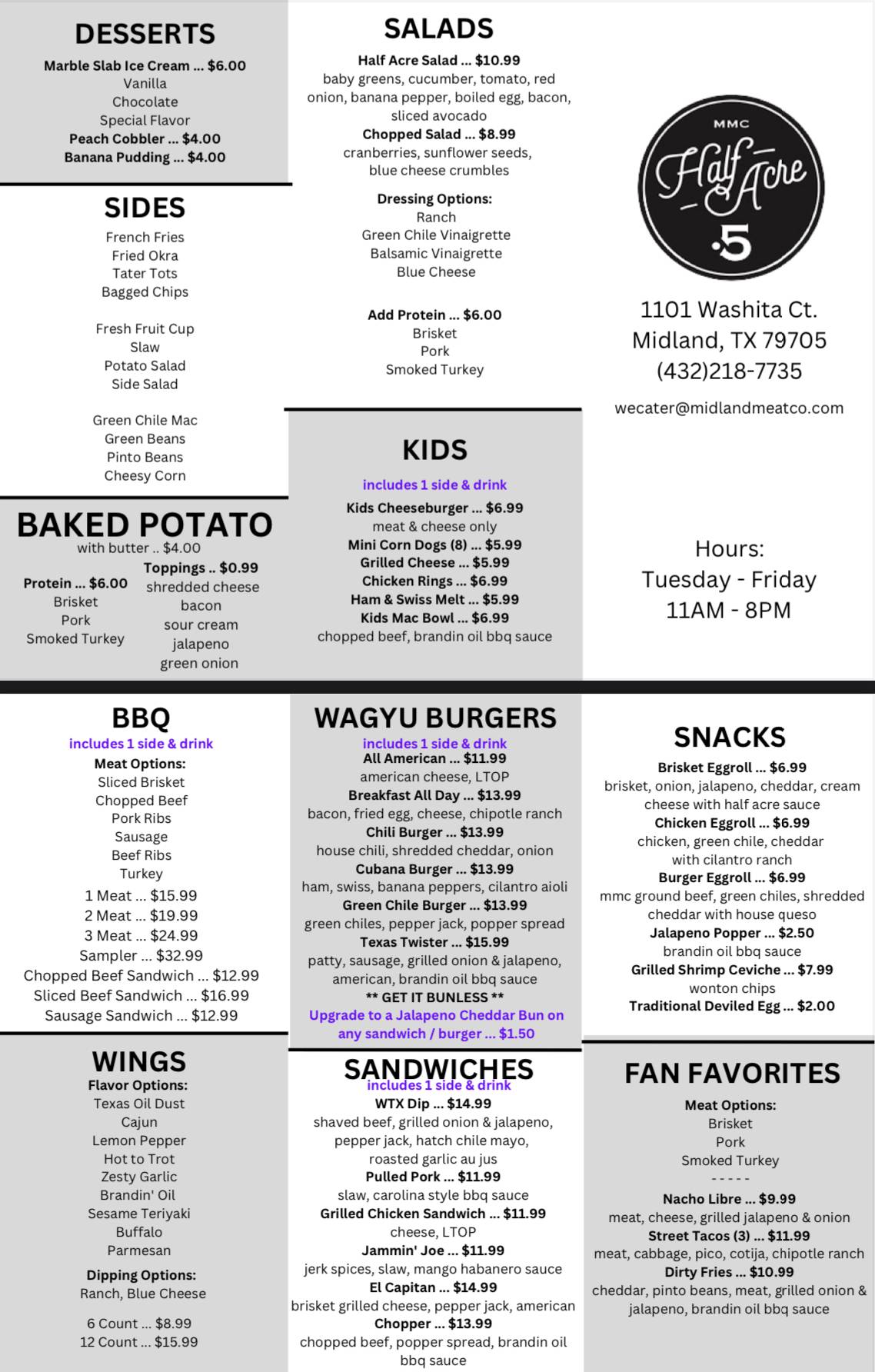 Menu at MMC's The Half Acre BBQ, Midland