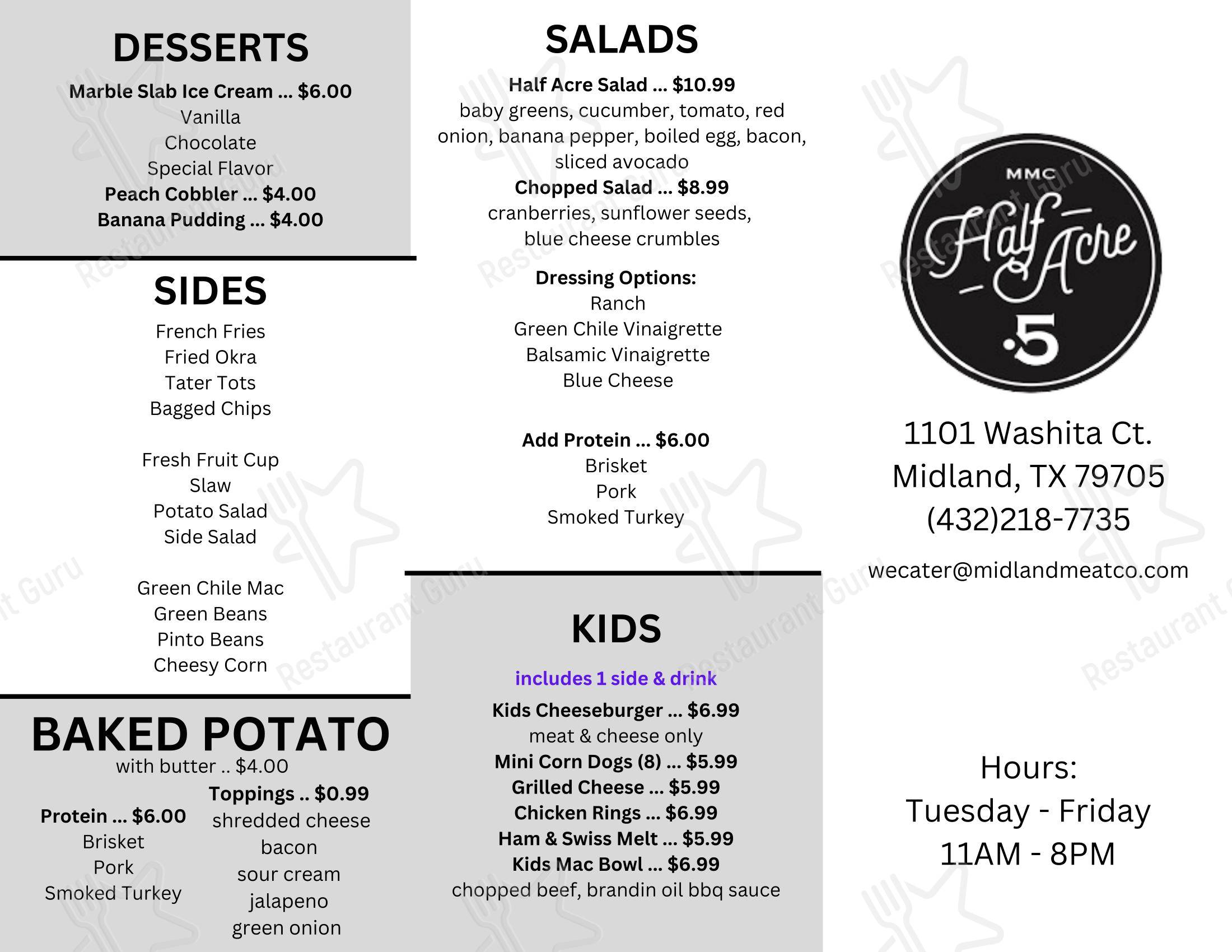 Menu at The Half Acre BBQ, Midland