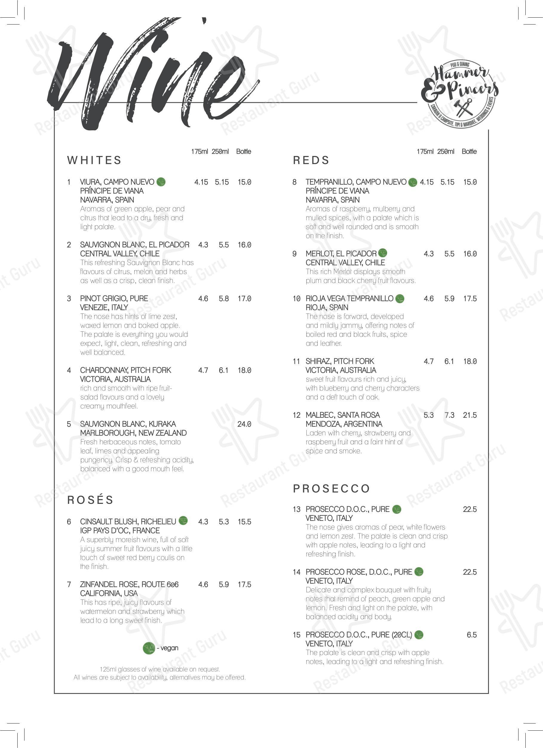 Menu at The Hammer and Pincers pub & bar, Newton Aycliffe