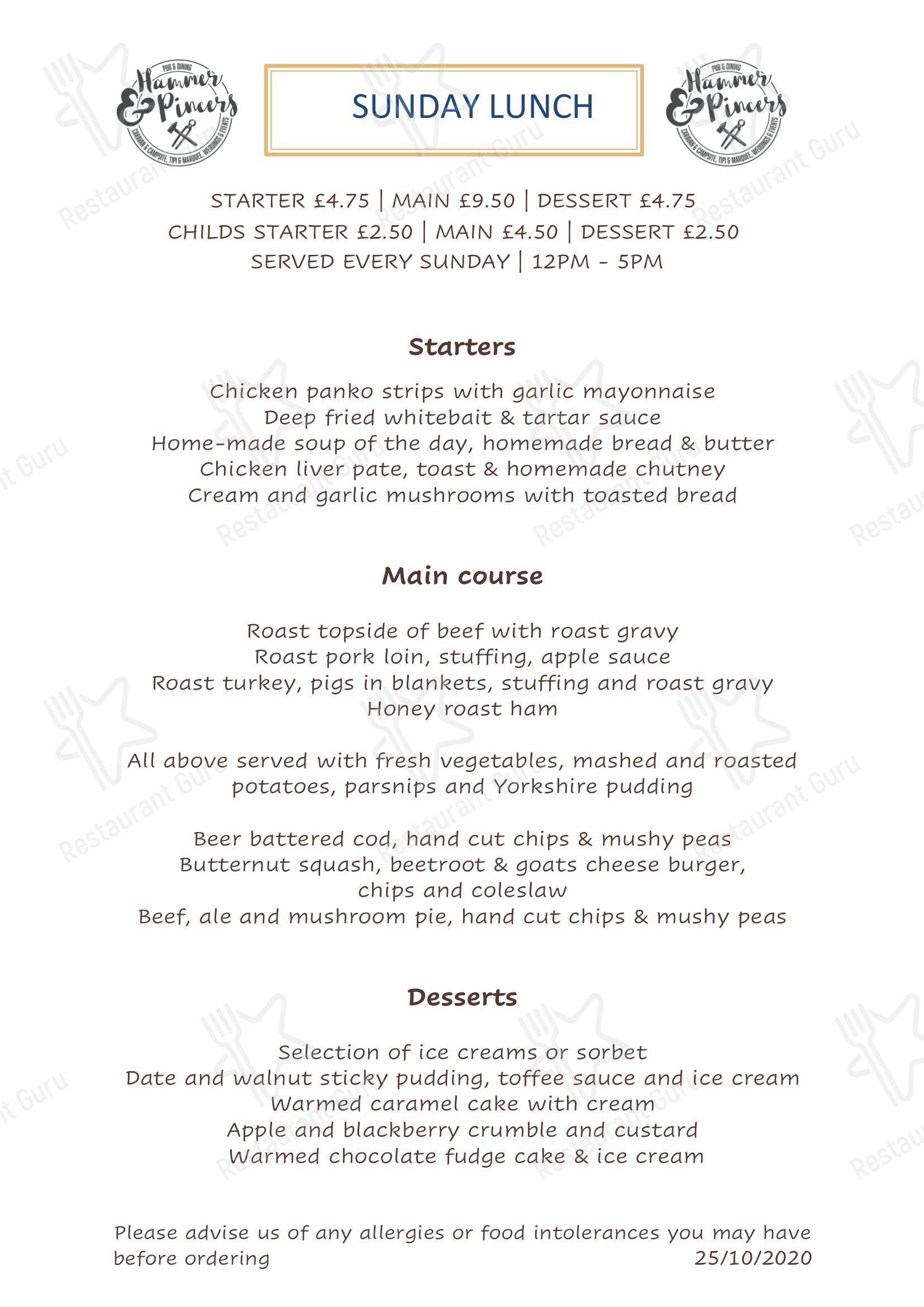 Menu at The Hammer and Pincers pub & bar, Newton Aycliffe