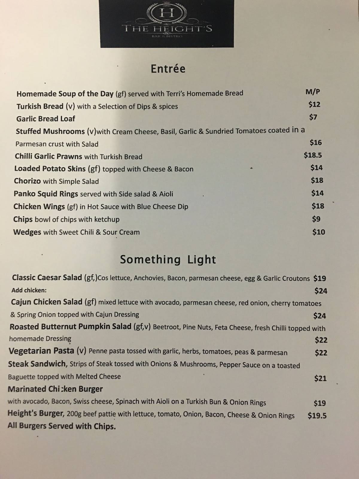 Menu at The Heights Bar & Bistro, Alexander Heights