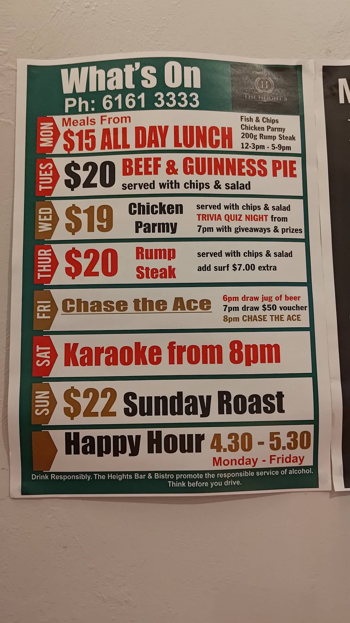 Menu at The Heights Bar & Bistro, Alexander Heights