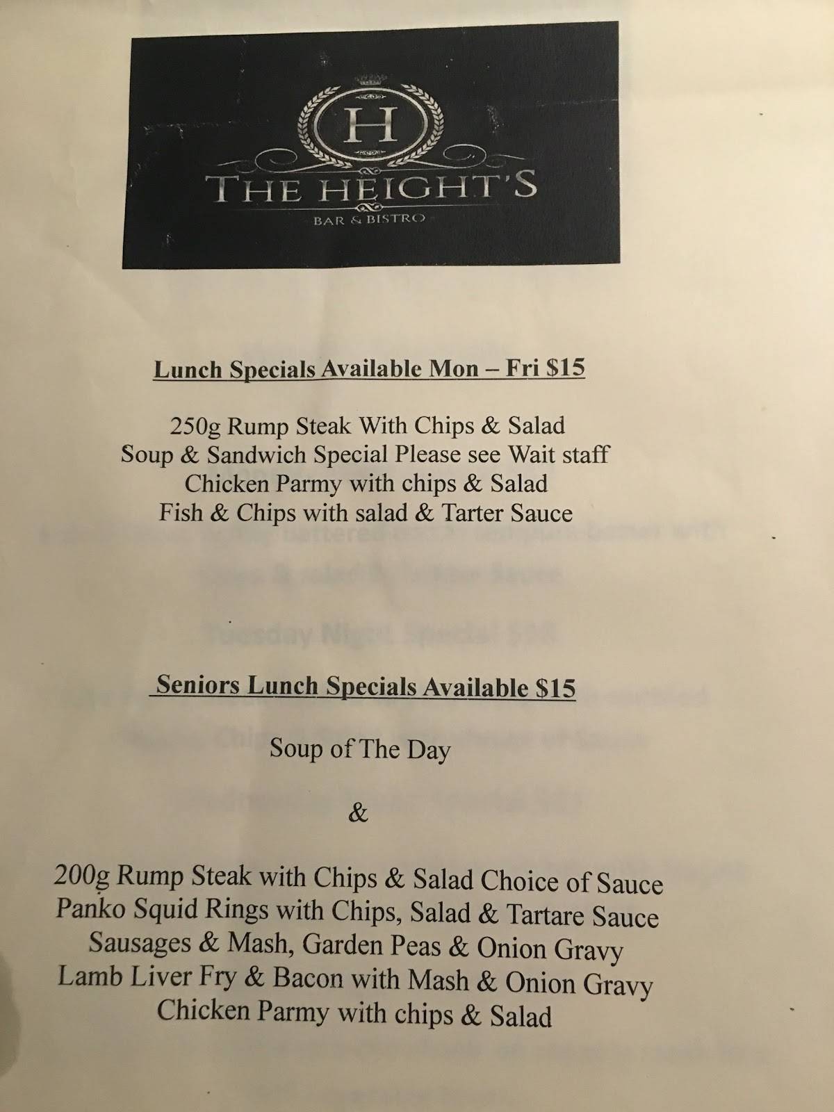Menu at The Heights Bar & Bistro, Alexander Heights