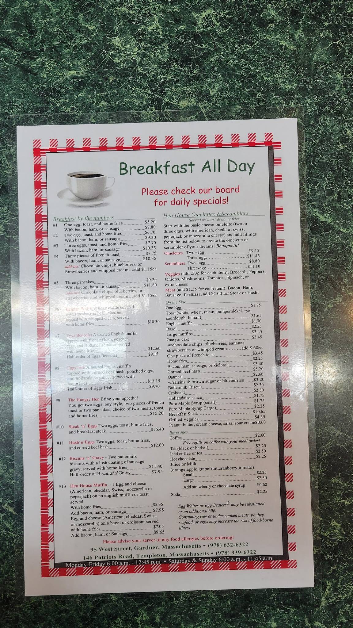 Menu at The Hen House restaurant, Gardner