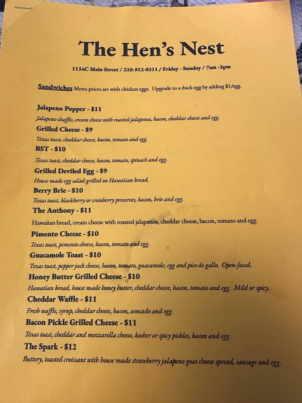 Menu at The Hen's Nest restaurant, Bandera
