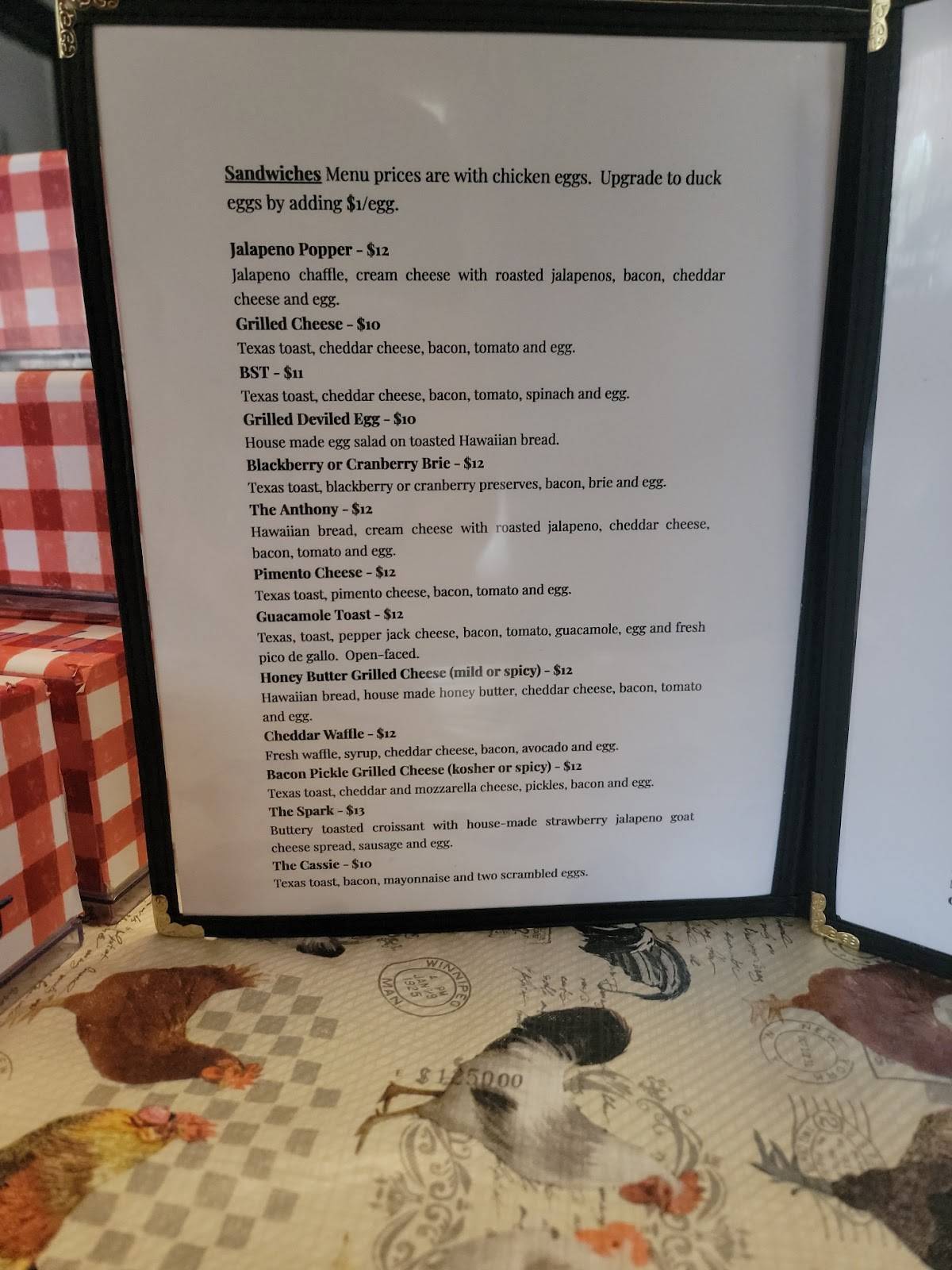Menu at The Hen's Nest restaurant, Bandera