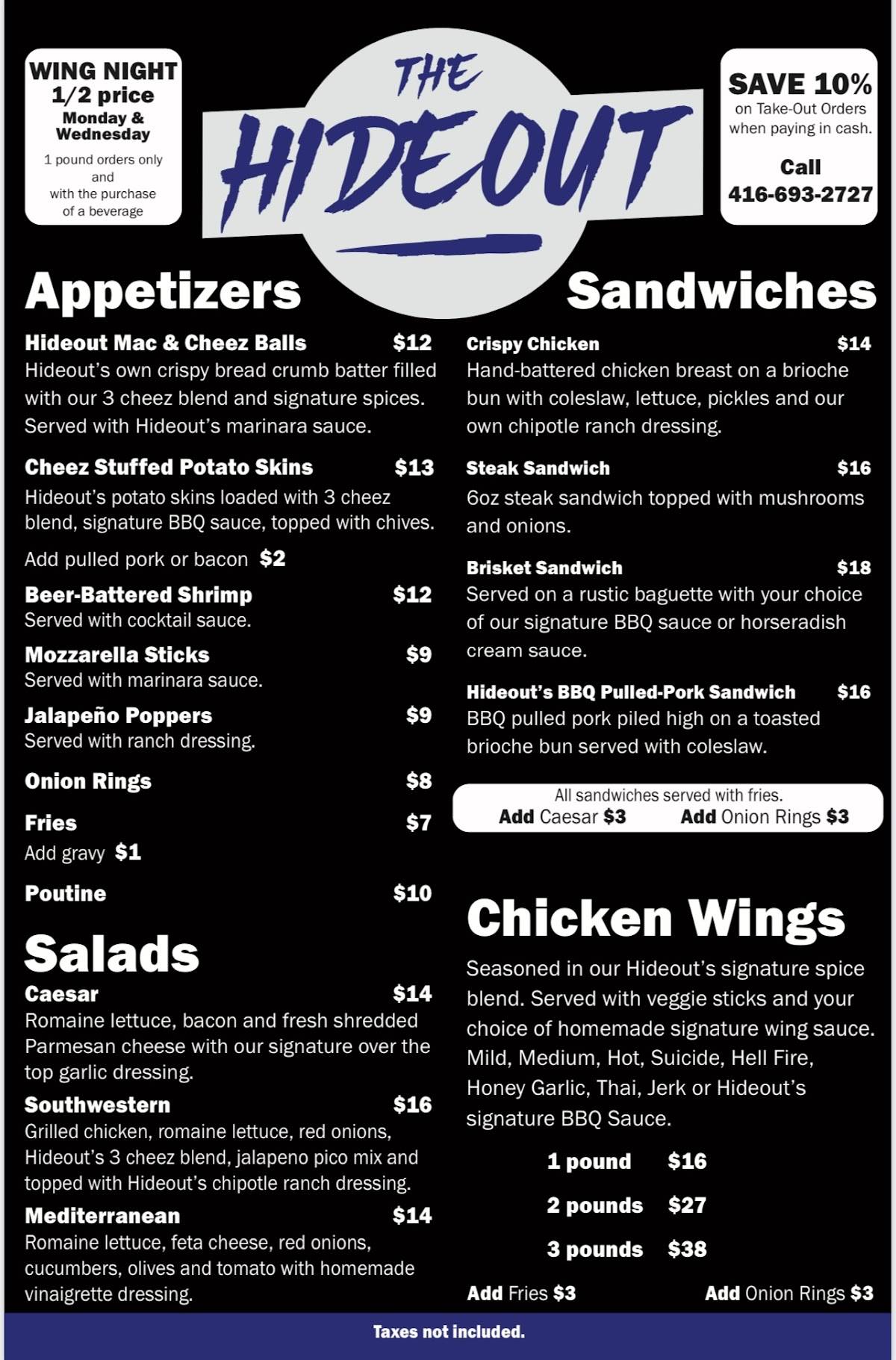 Menu at The Hide Out On The Beach pub & bar, Toronto
