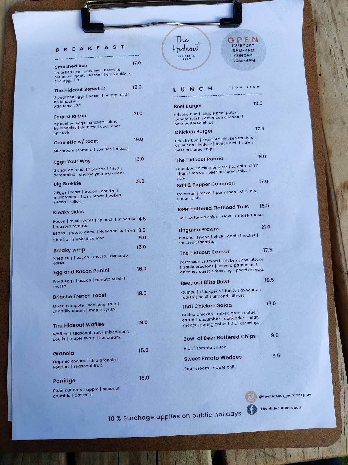 Menu at The Hideout Eat Drink Play cafe, Rosebud