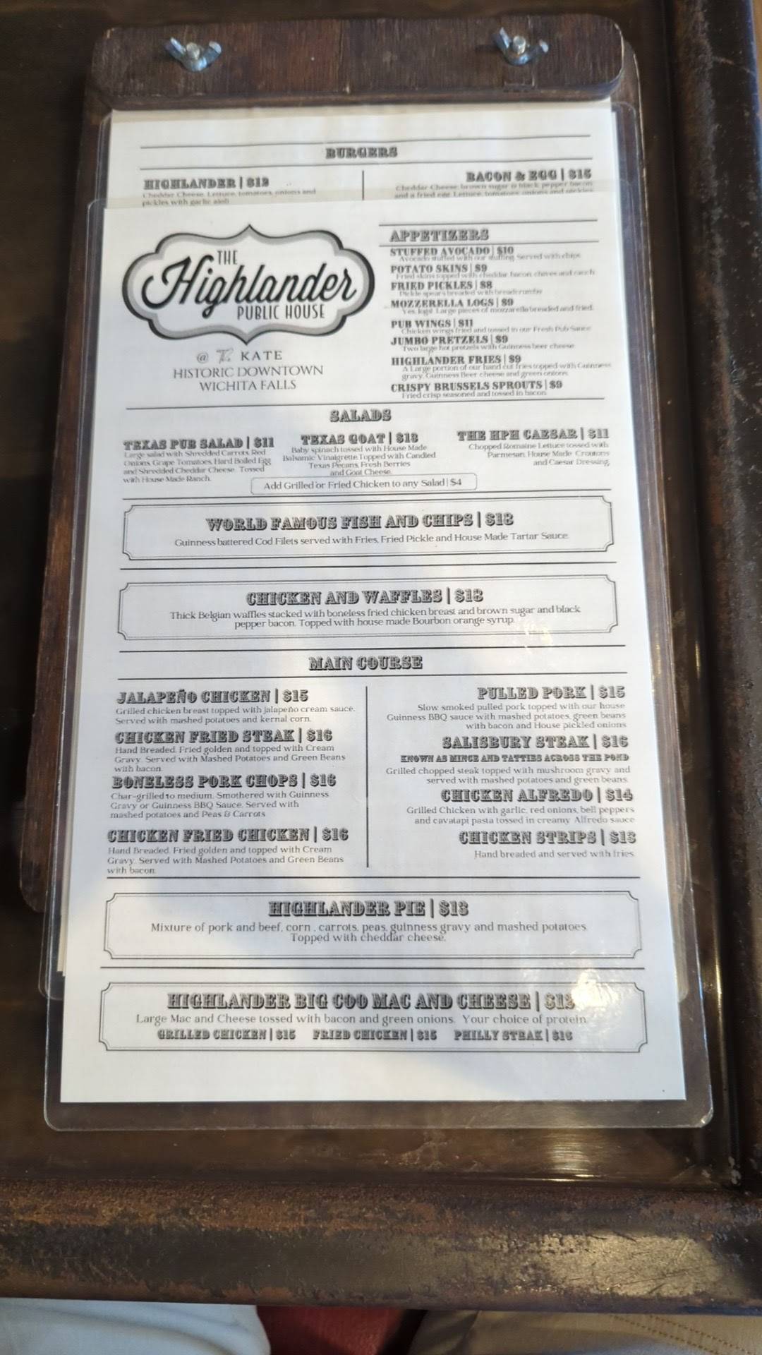 Carta de The Highlander Public House, Wichita Falls