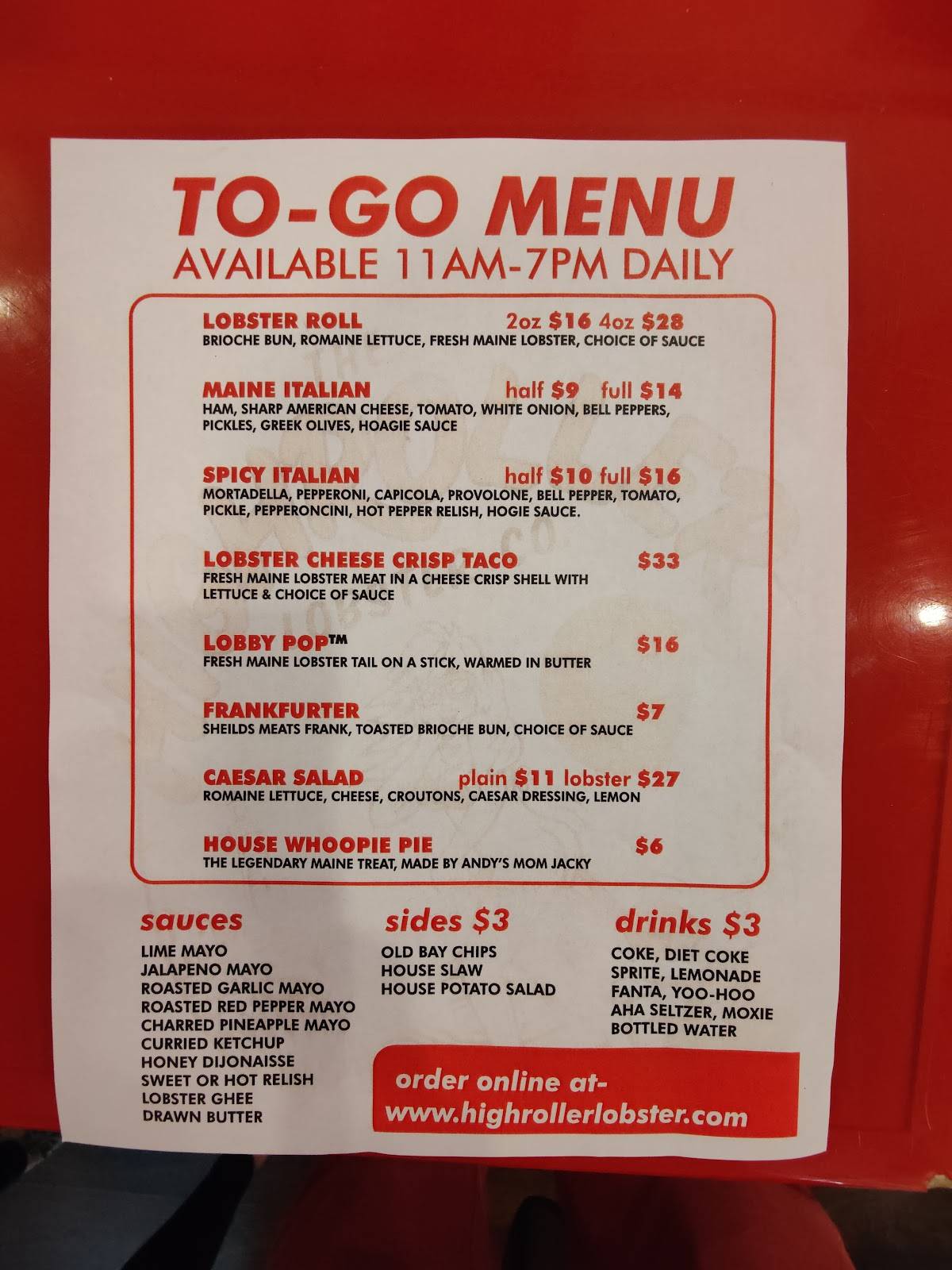 Menu at The Highroller Lobster Co. pub & bar, Portland