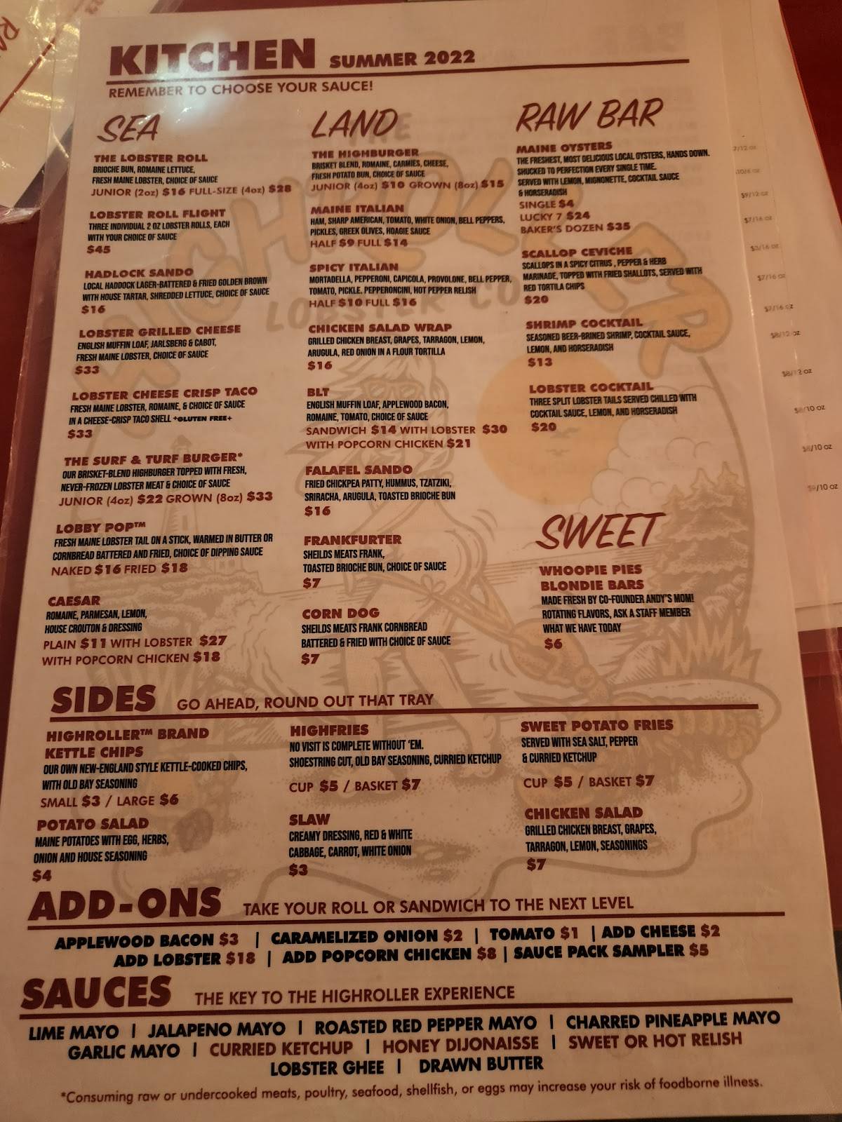 Menu at The Highroller Lobster Co. pub & bar, Portland