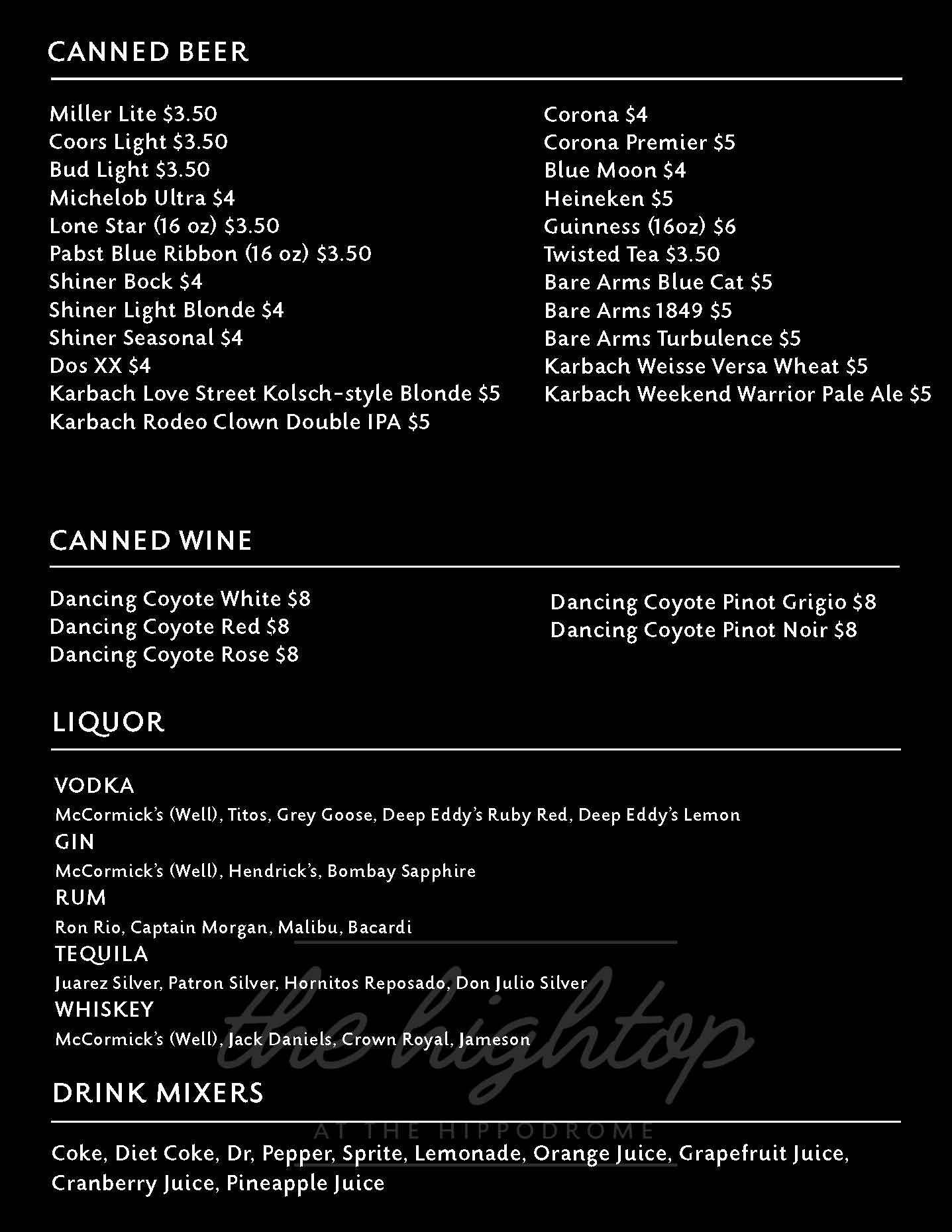 Menu at Tandem Rooftop Bar, Waco