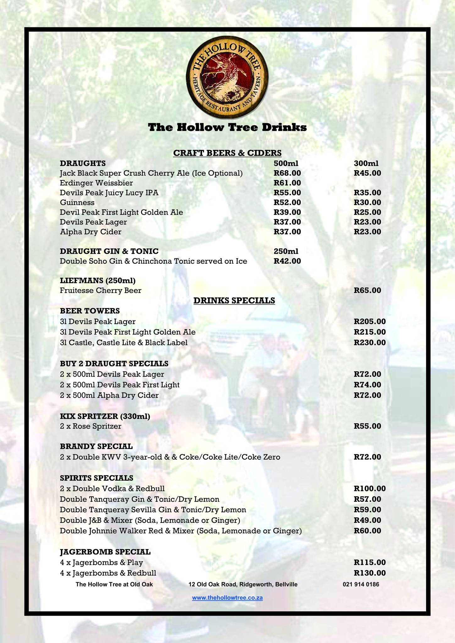 Menu at The Hollow Tree at Old Oak restaurant, Cape Town, 12 Old Oak Rd