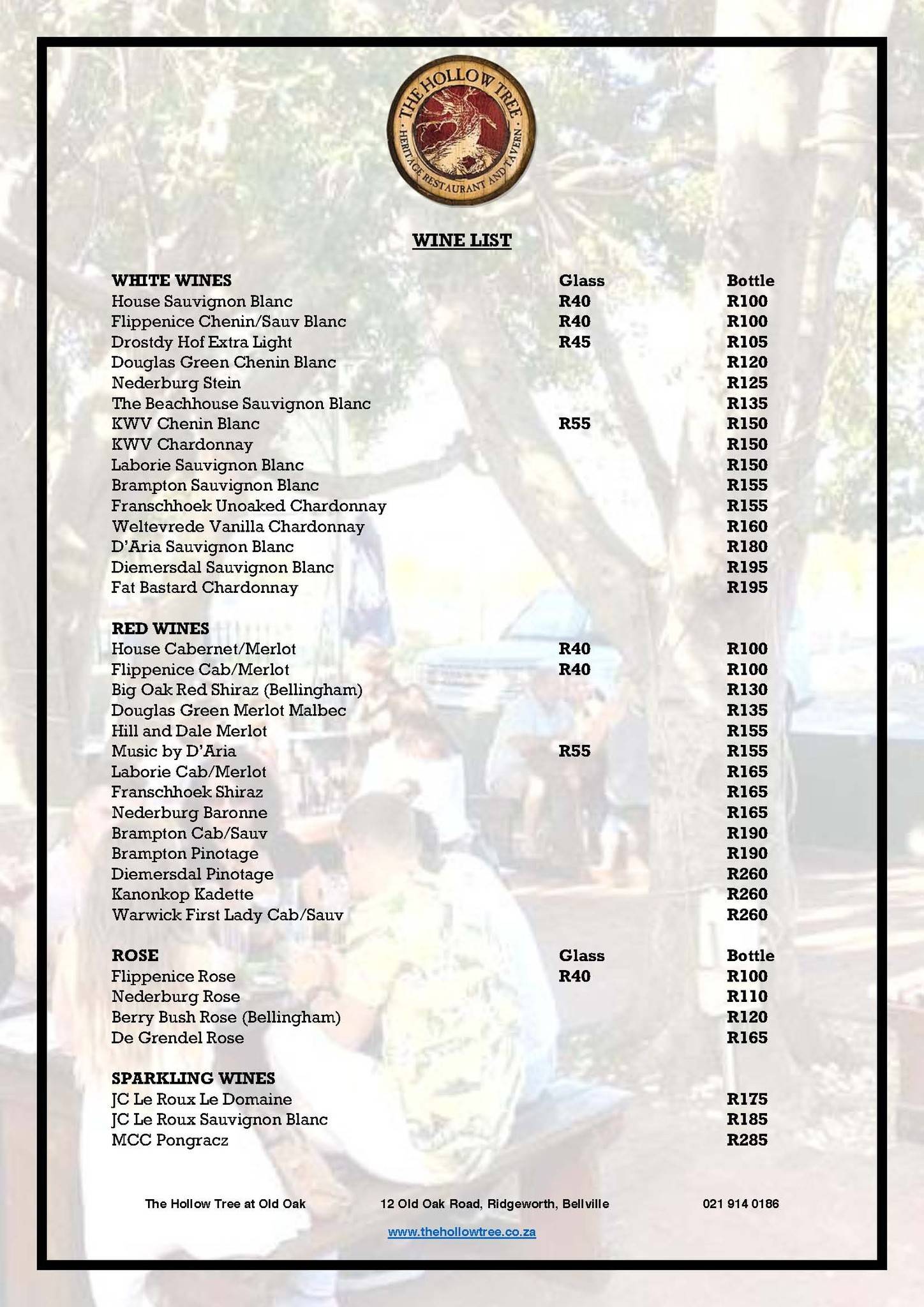 Menu at The Hollow Tree at Old Oak restaurant, Cape Town, 12 Old Oak Rd