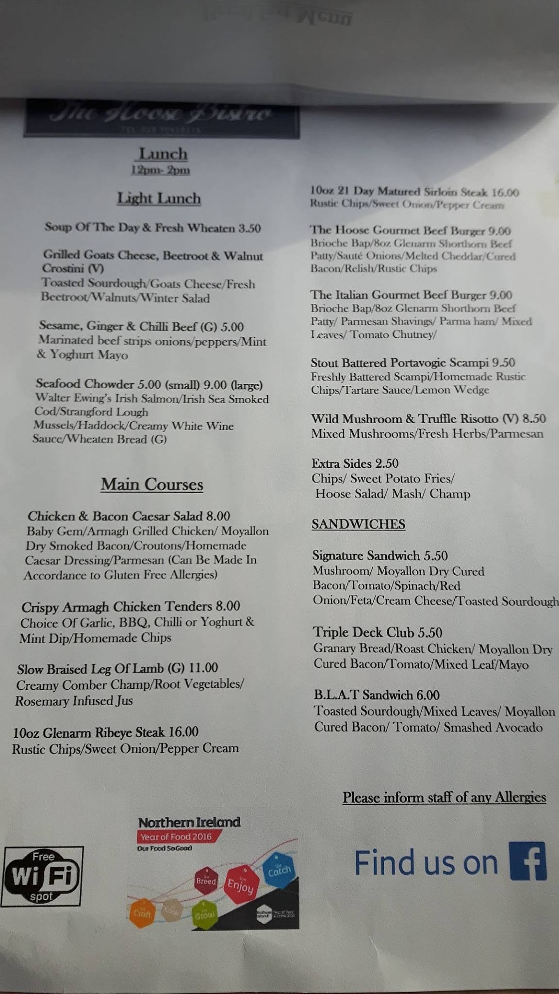 Menu at The Hoose Bistro restaurant, Belfast