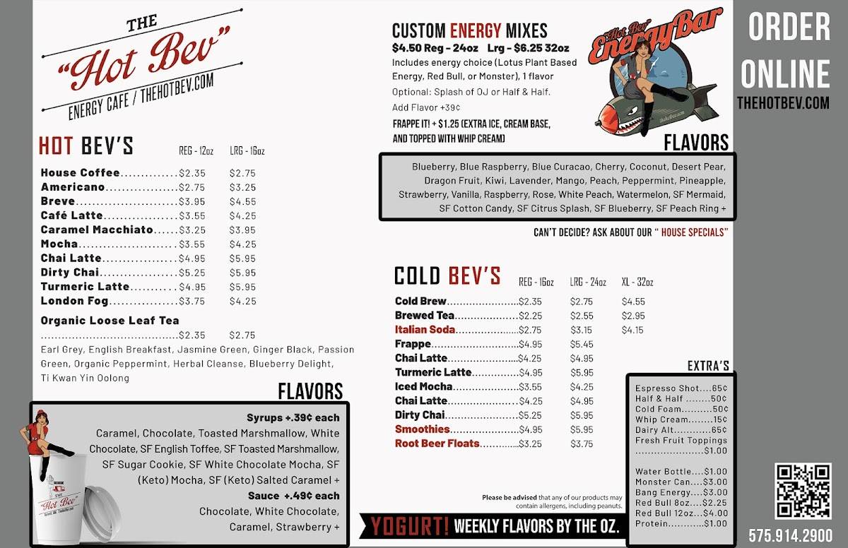 Menu at The Hot Bev Energy Cafe, Roswell