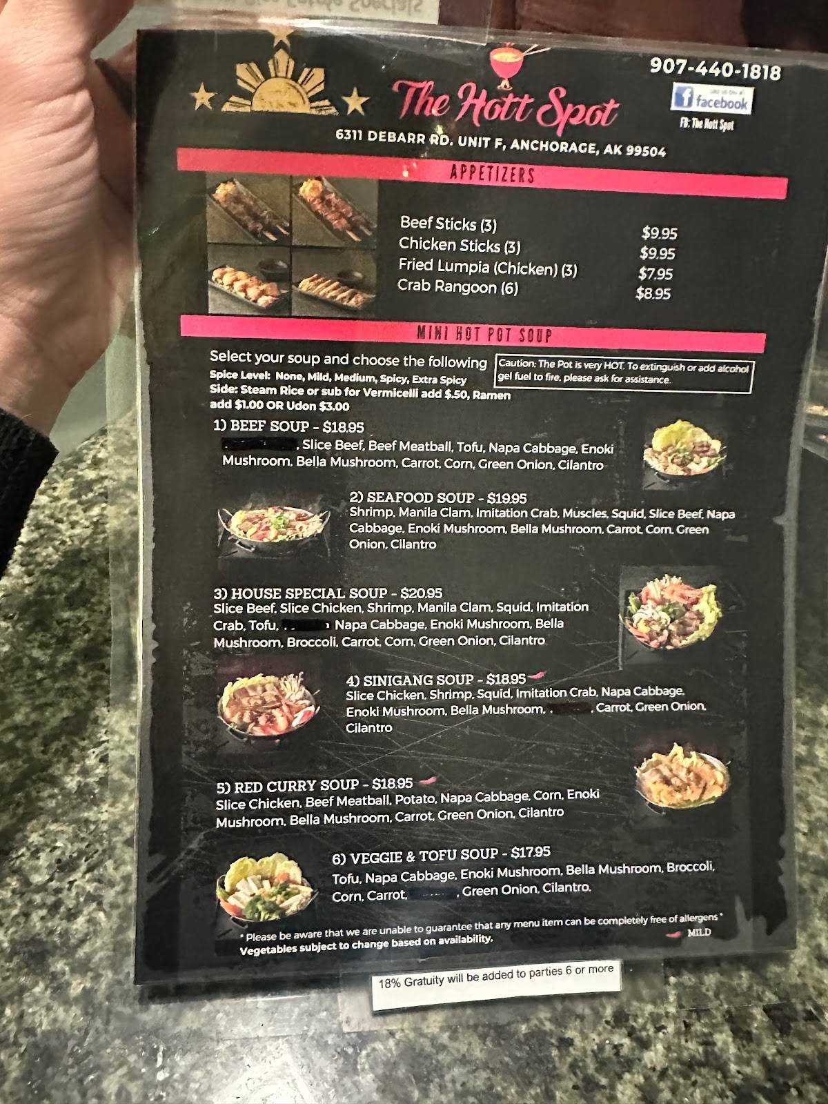Menu at The Hott Spot restaurant, Anchorage