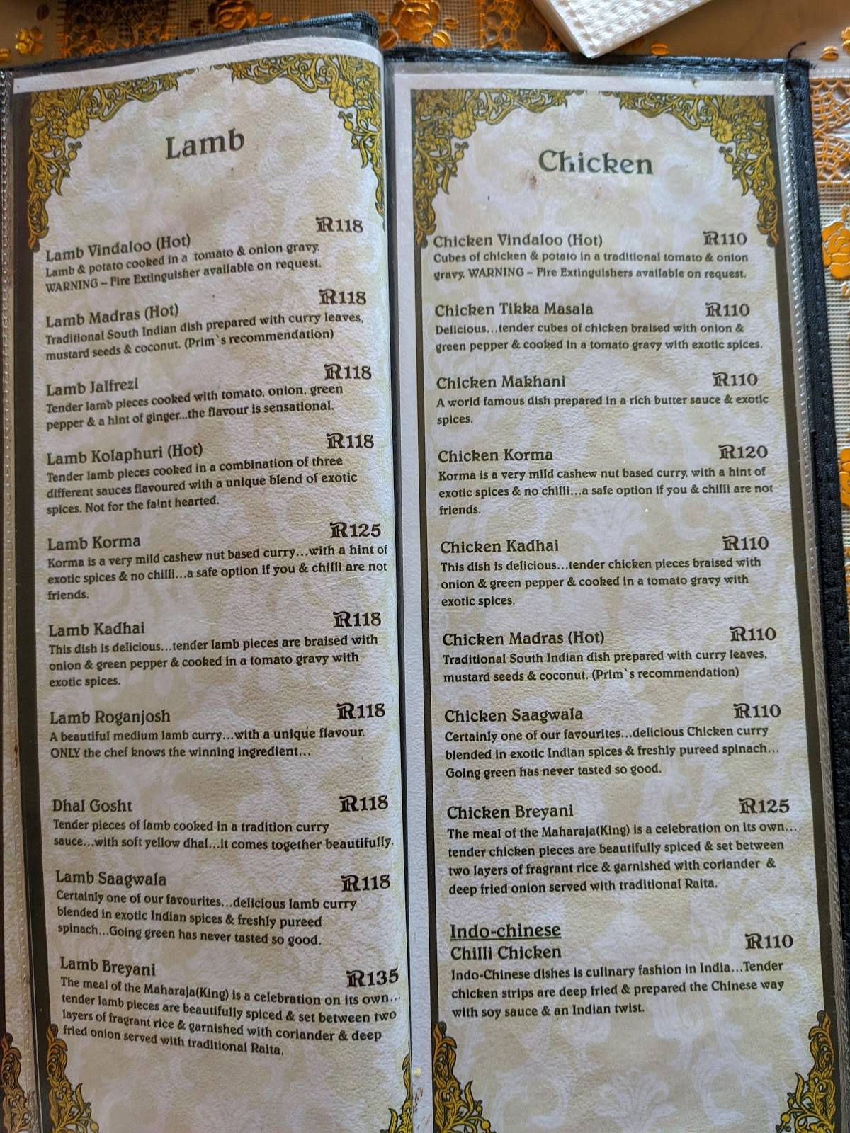 Menu at The Indian Chapter Restaurant, Cape Town