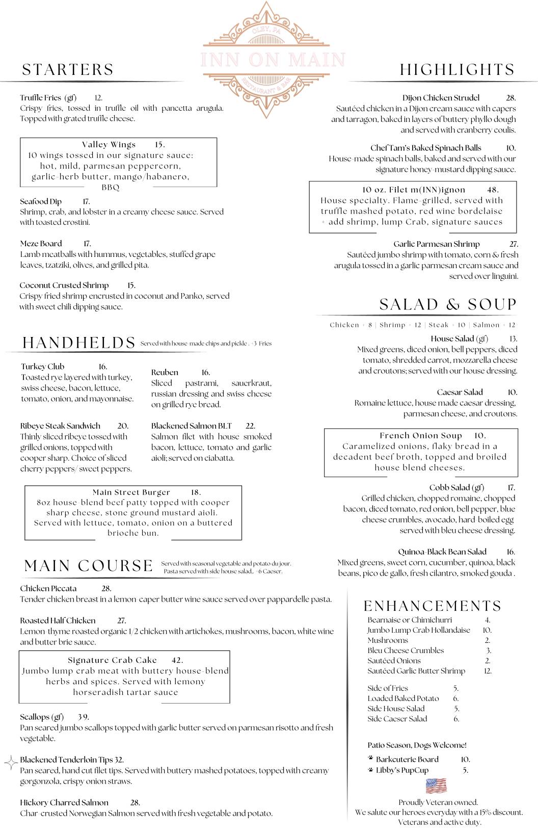 Menu at The Inn on Main restaurant, Oley
