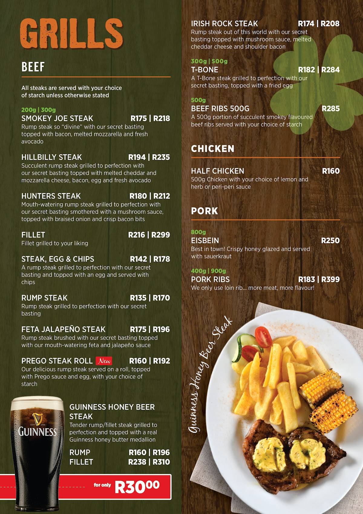 Menu at The Irish Rock Little Falls restaurant, Roodepoort, 1732 Nic ...