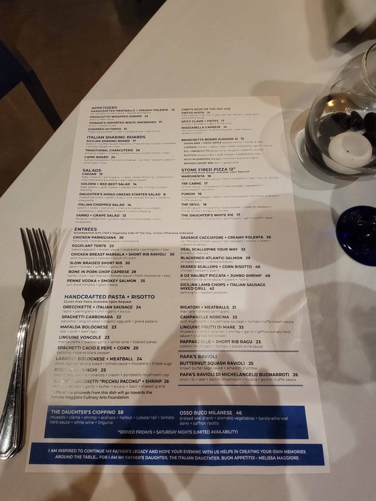 Menu at The Italian Daughter restaurant, Scottsdale