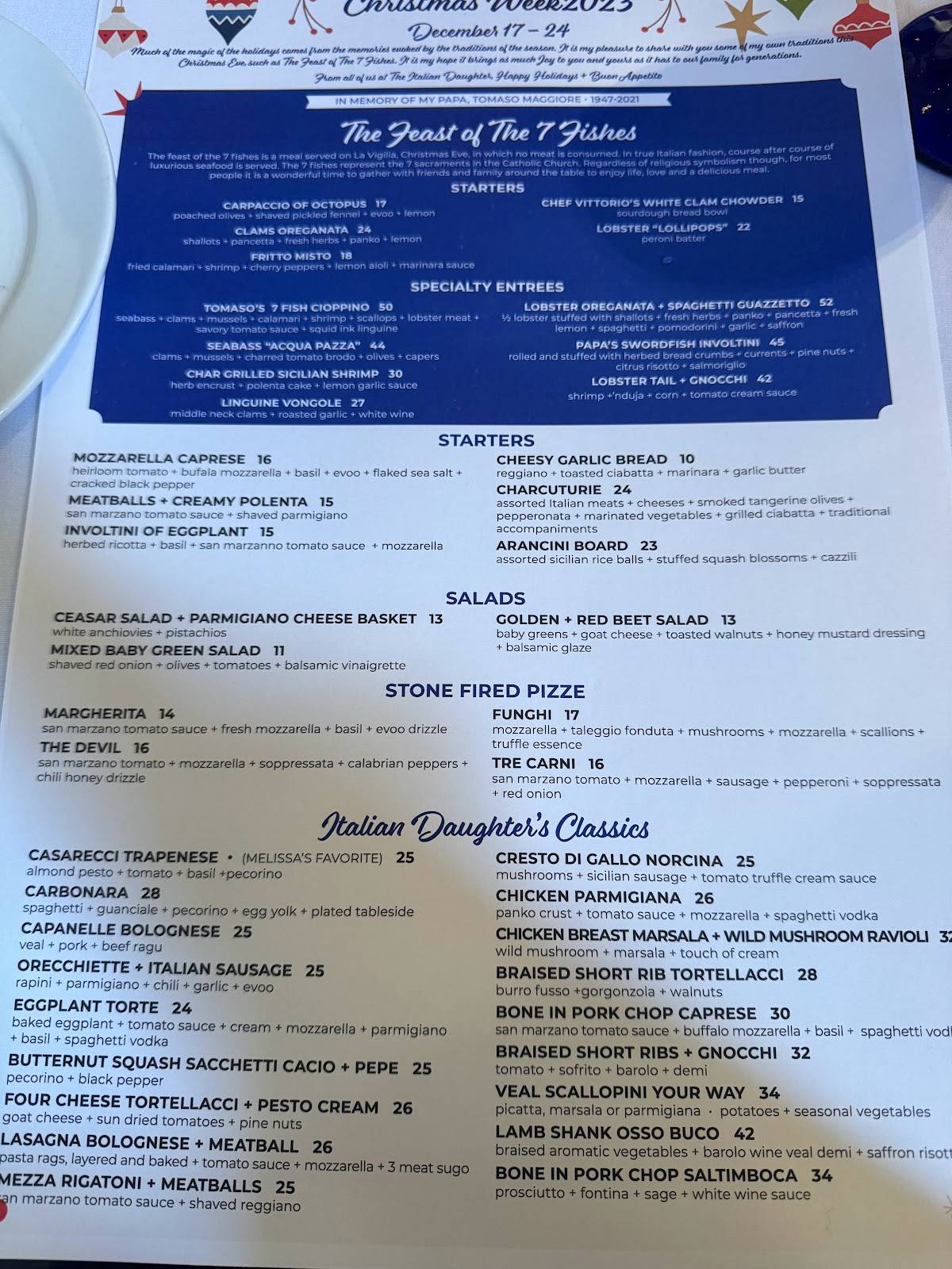 Menu at The Italian Daughter restaurant, Scottsdale