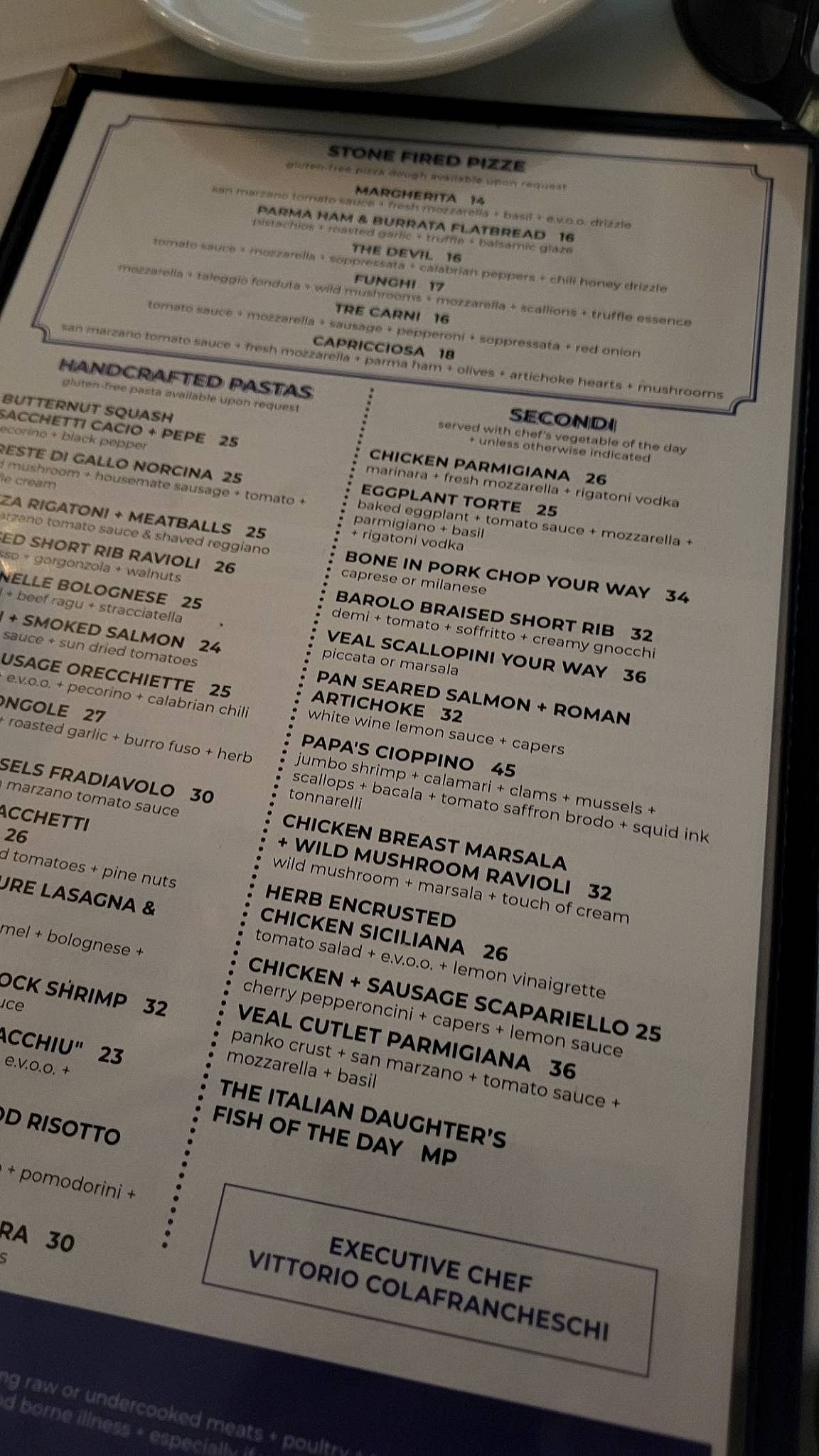 Menu at The Italian Daughter restaurant, Scottsdale