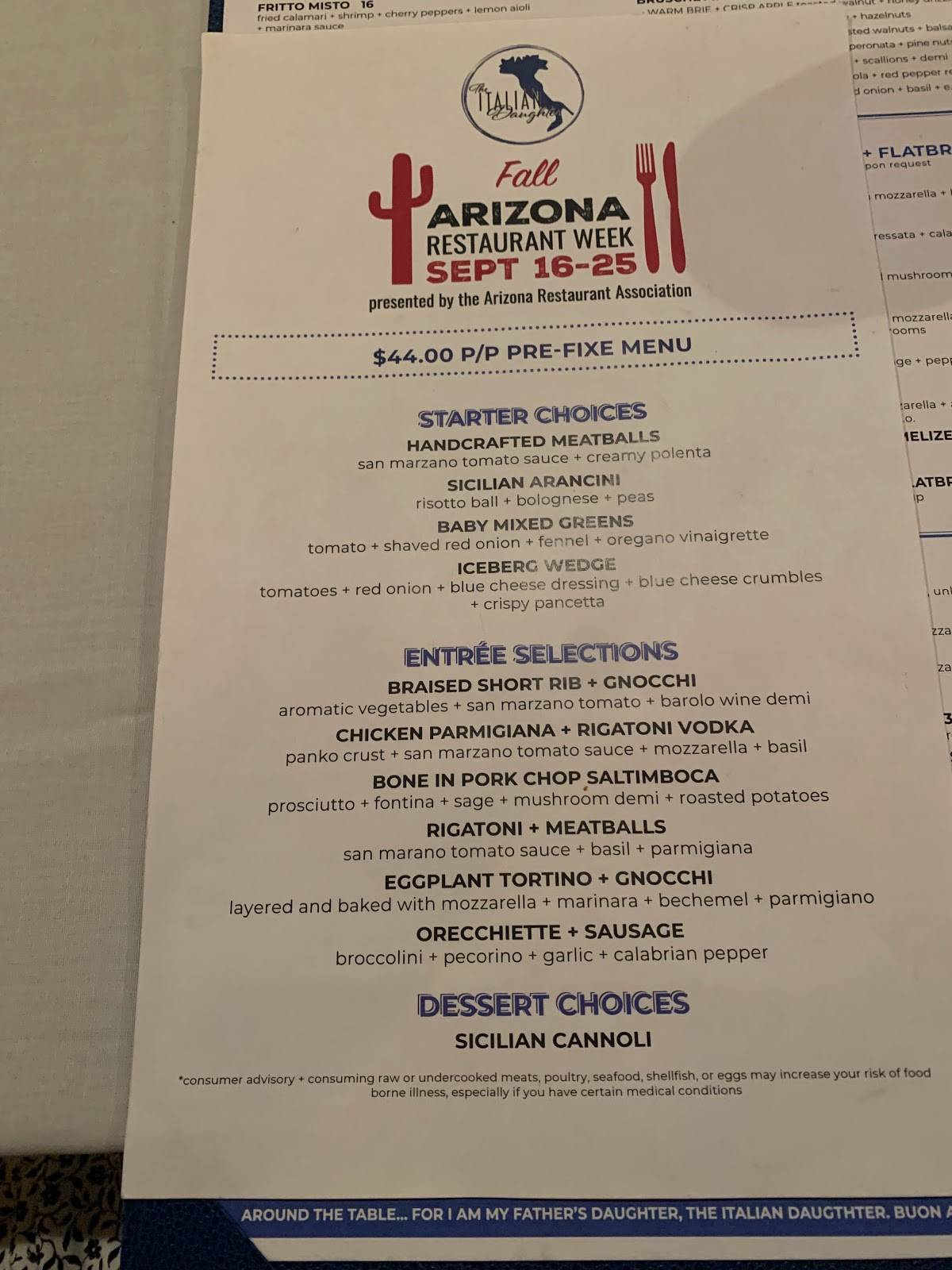 Menu at The Italian Daughter restaurant, Scottsdale
