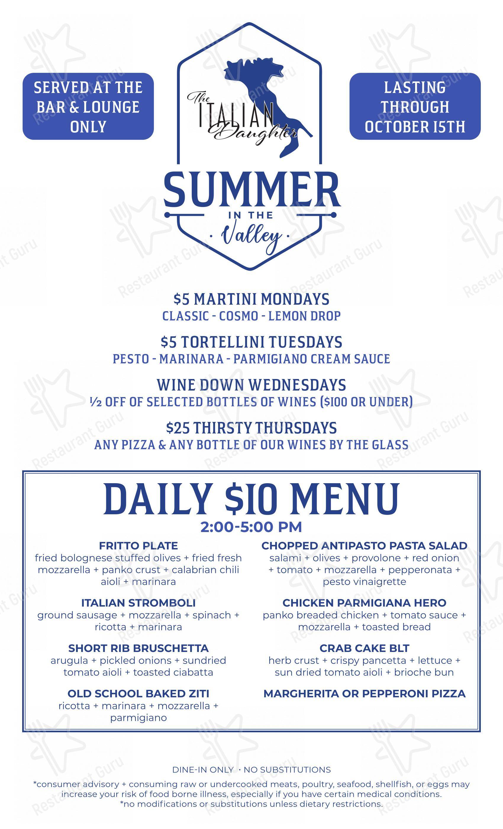 Menu at The Italian Daughter restaurant, Scottsdale