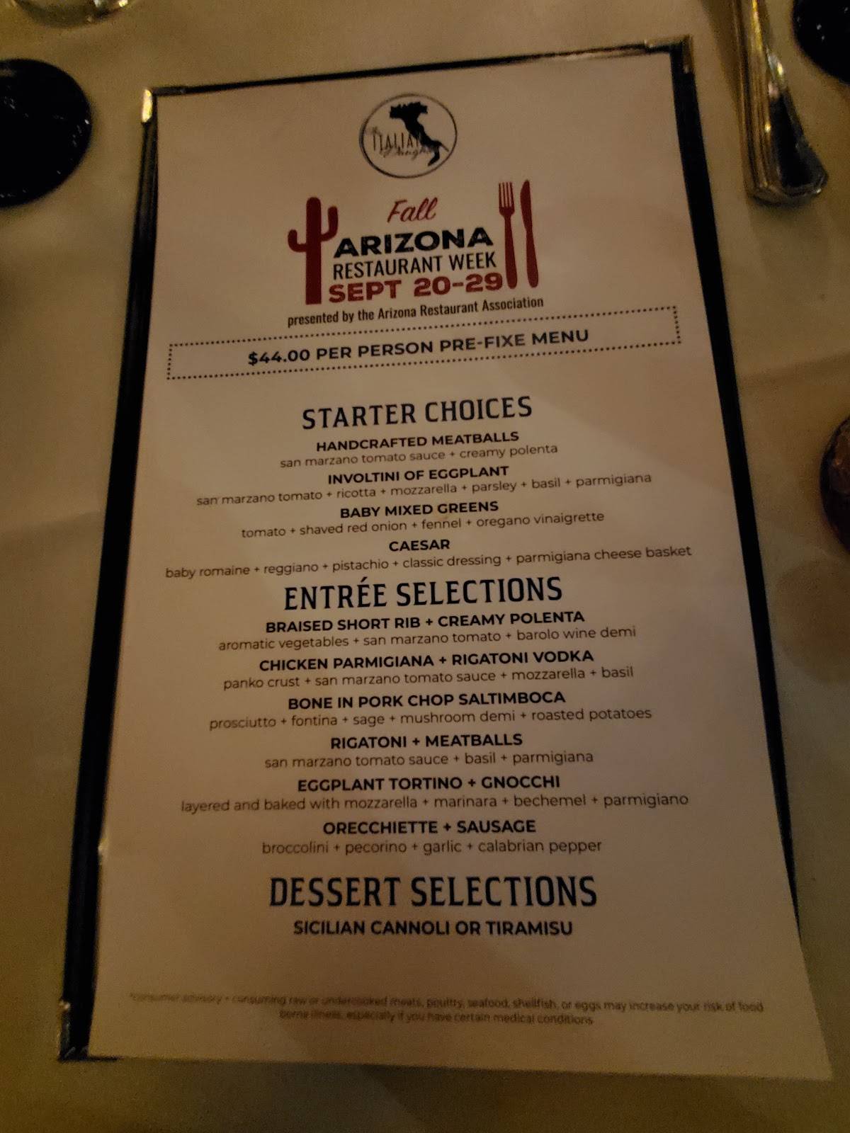Menu at The Italian Daughter restaurant, Scottsdale