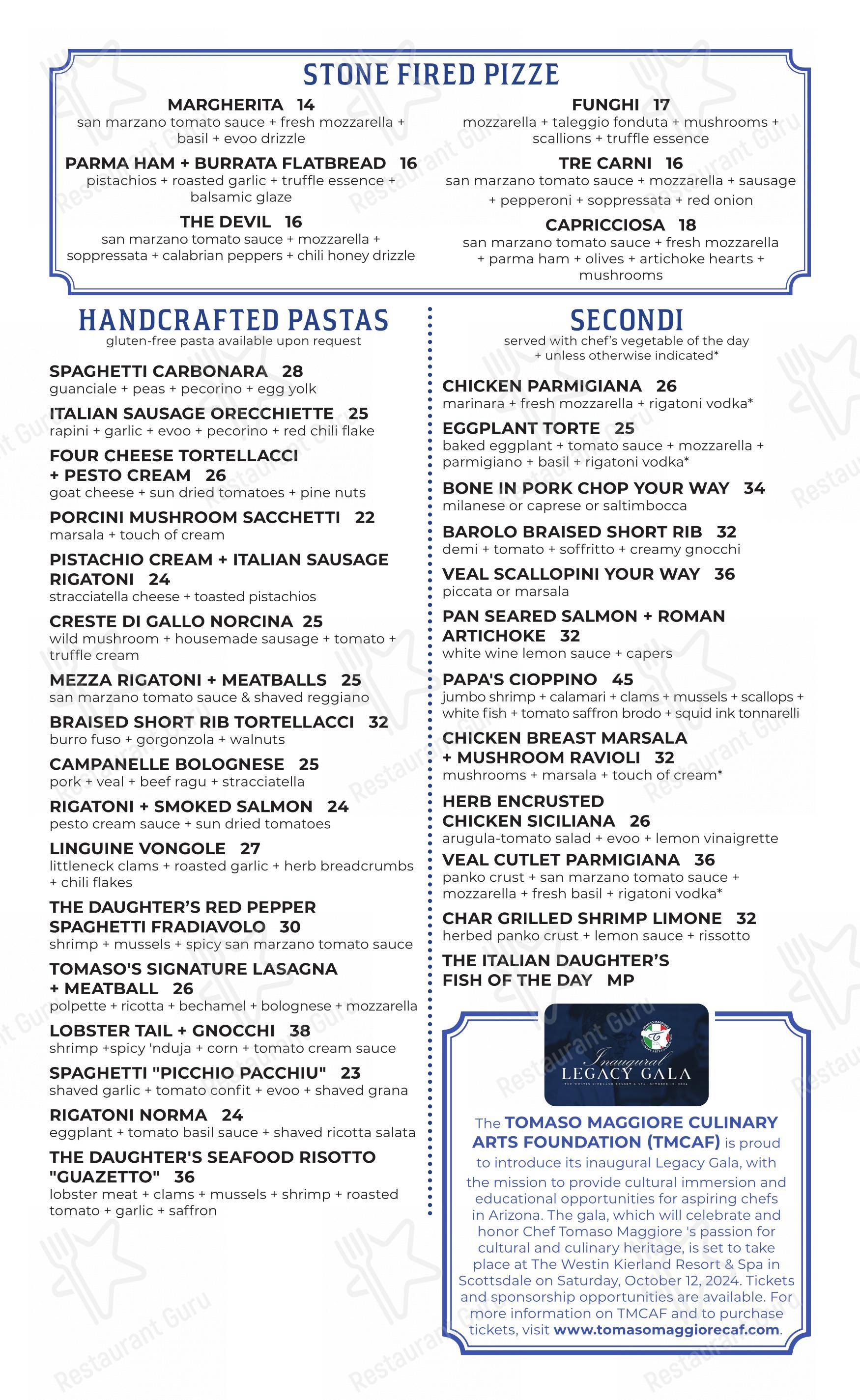 Menu at The Italian Daughter restaurant, Scottsdale