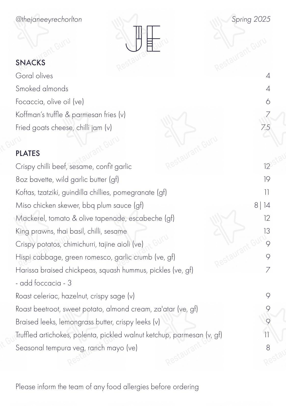 Menu at The Jane Eyre - Chorlton restaurant, Manchester