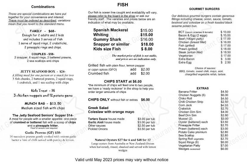 Menu at The Jetty Seafood Shack restaurant, Kalbarri