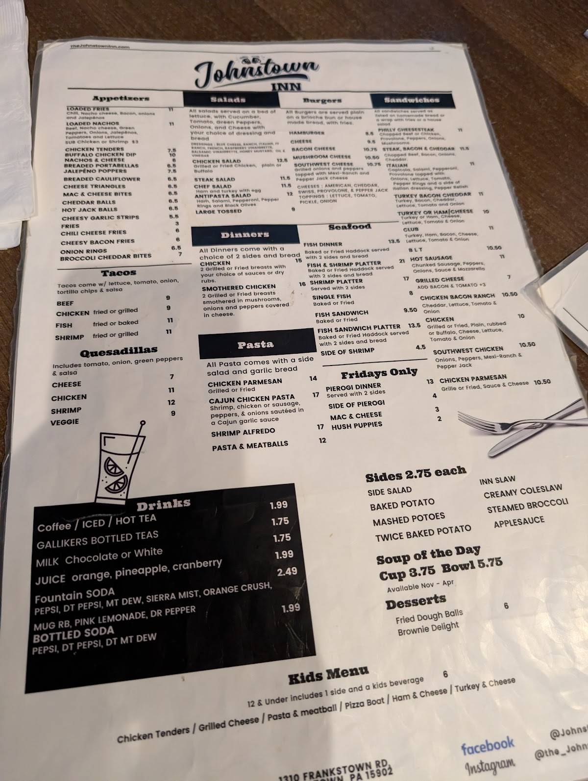 Menu at The Johnstown Inn pub & bar, Johnstown