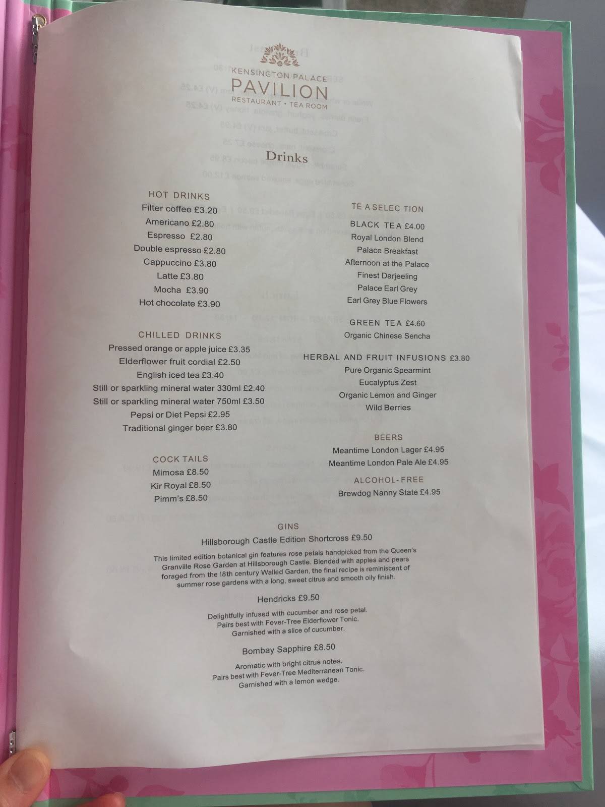 Menu at The Kensington Palace Pavilion restaurant, London
