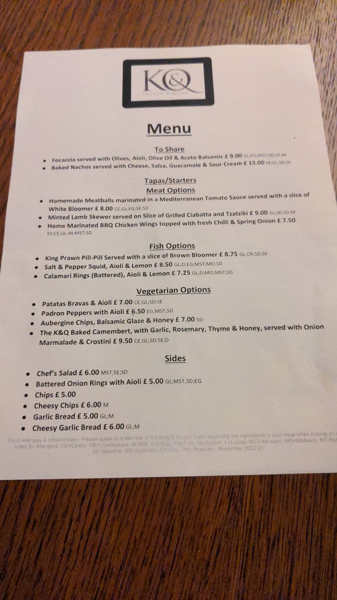 Menu at The King & Queen pub & bar, Longcot